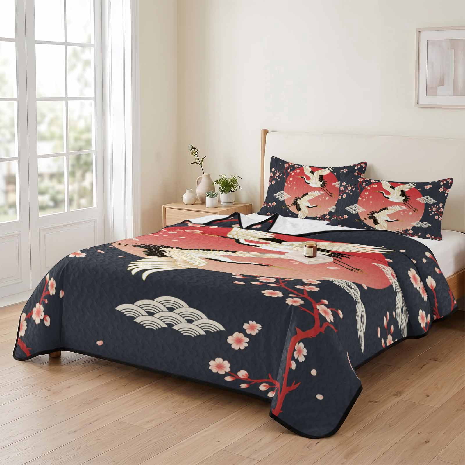 Blossom Cherry Flower Crane 3 Pieces Quilt Set,1 Quilt with 2 Shams ...