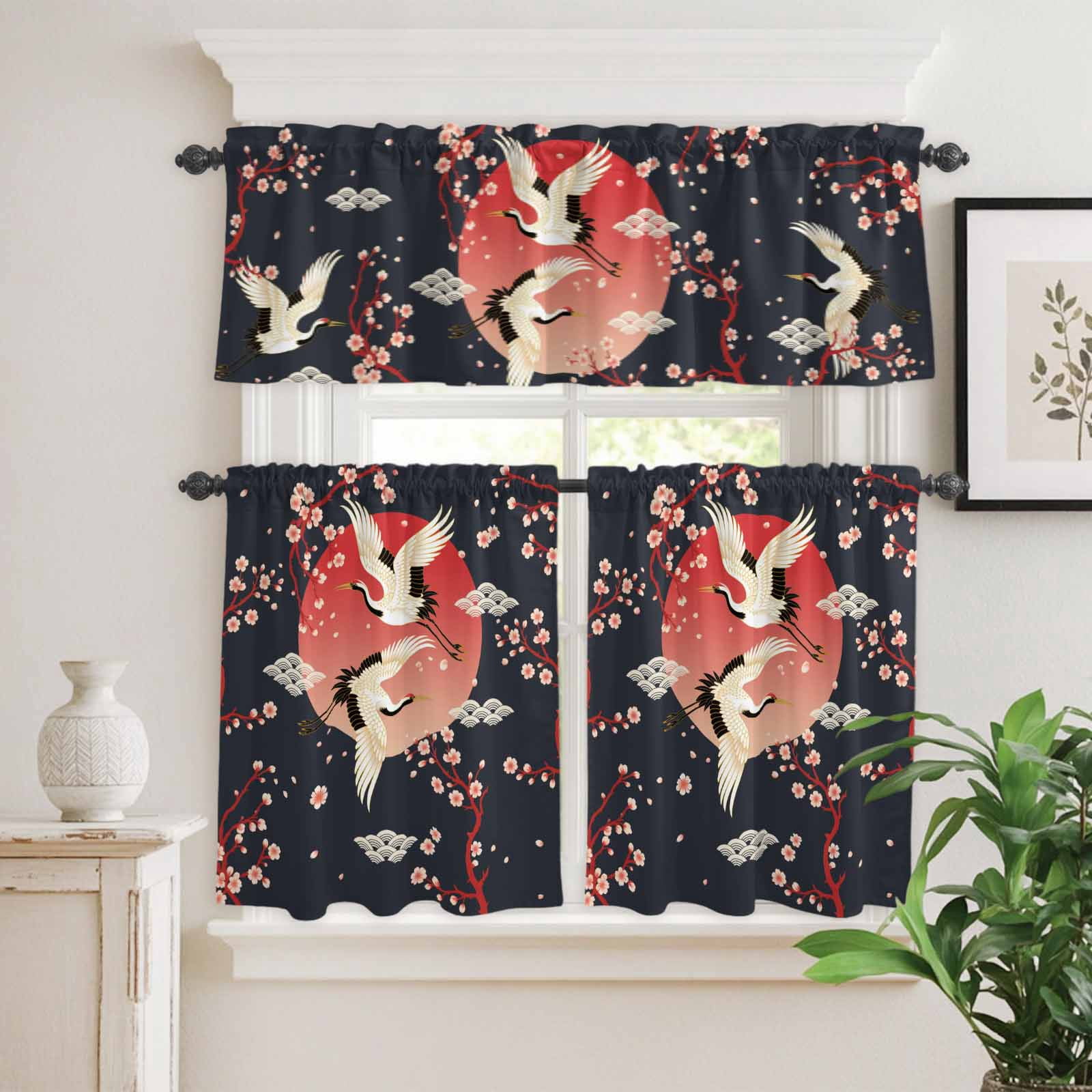 Blossom Cherry Flower Crane Curtain Tier and Valance Set 3 Piece ...