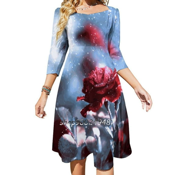 Blossom Flare Dress Square Neck Dress Elegant Female Fashion Printed ...