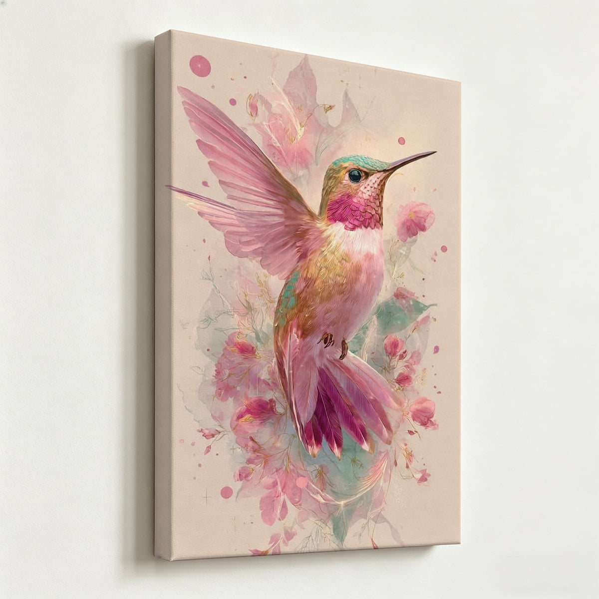 "Blossom Flight" Enchanting Hummingbird Canvas Art, Pastel Pink and ...