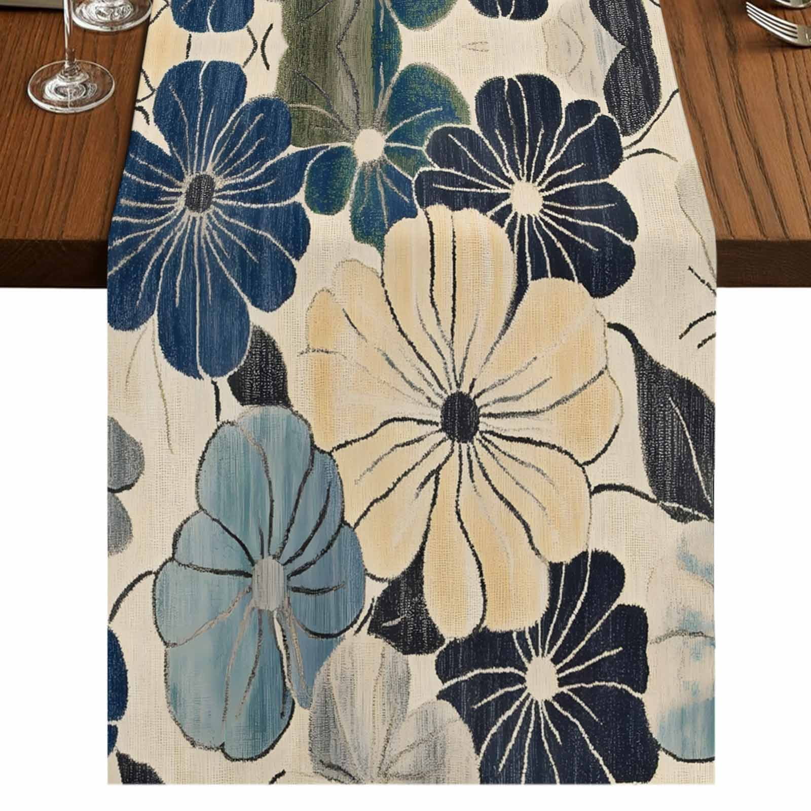 Blossom Floral 120 Inch Table Runner, Vintage Beige Botanical Flowers ...