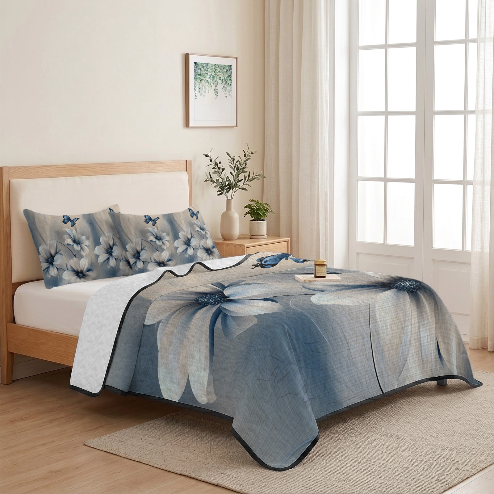 Blossom Floral Blue Butterfly 3 Pieces Quilt Set,1 Quilt with 2 Shams ...