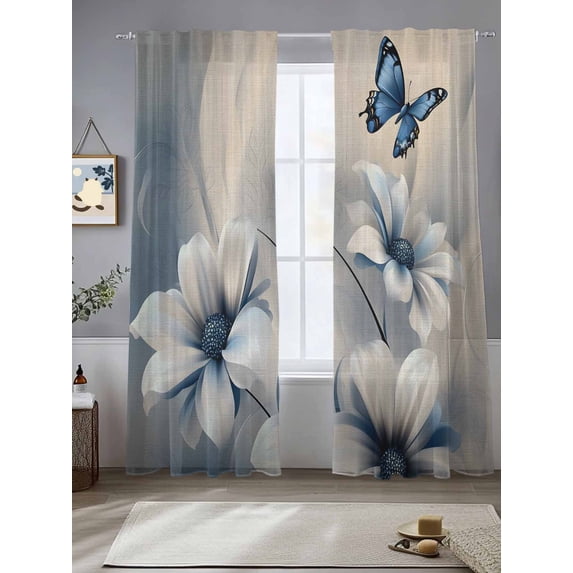 Blossom Floral Blue Butterfly Chiffon Sheer Curtains 84 Inches Long ...