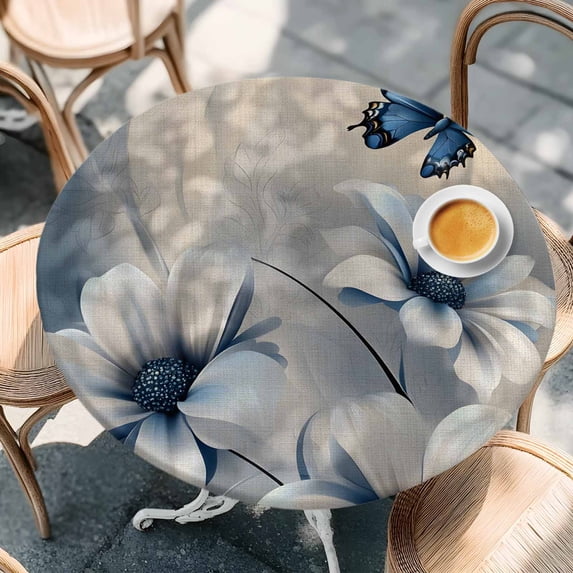 Blossom Floral Blue Butterfly Round Fitted Tablecloth with Elastic Edge ...