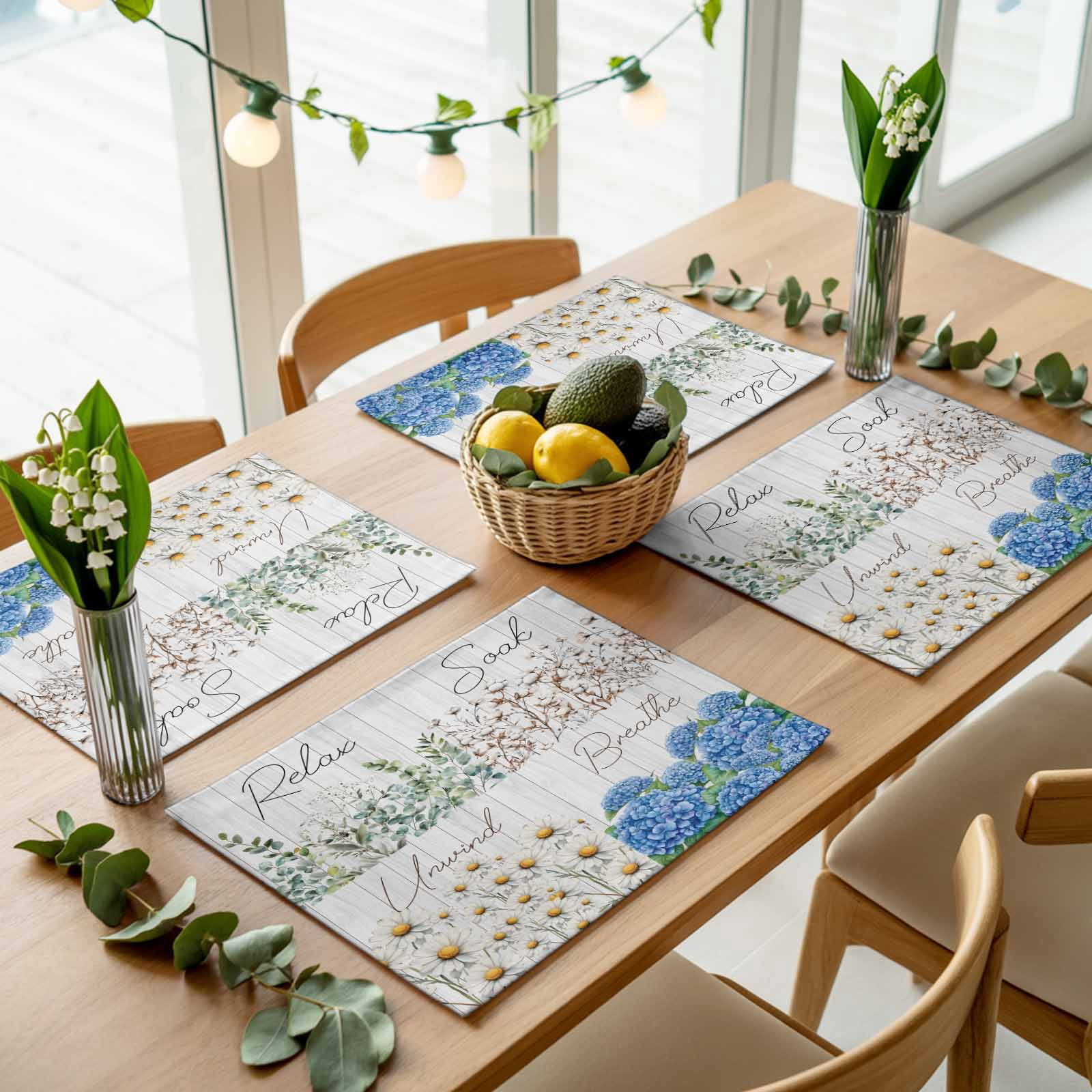 Blossom Floral Cotton Eucalyptus Placemats Set of 4,Wipeable Washable ...