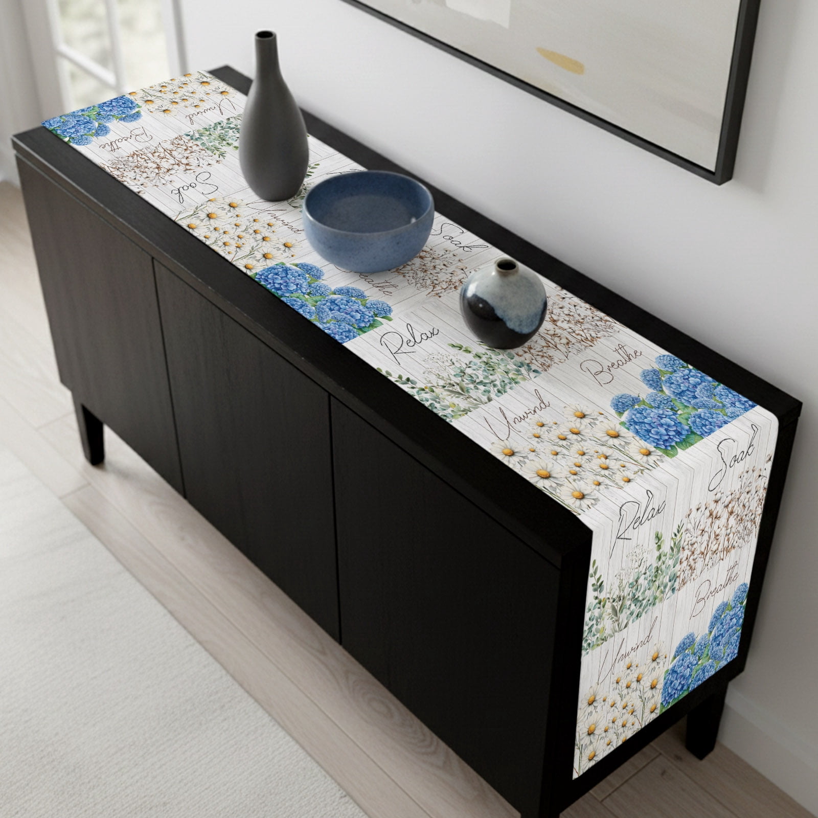 Blossom Floral Cotton Eucalyptus Table Runner 90 Inches Long,Kitchen ...