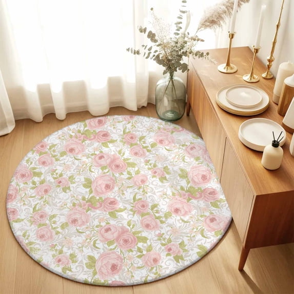 Blossom Floral Watercolor Pink Round Rug 3ft Country Leaves Vintage ...