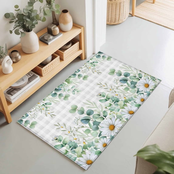 Blossom Flower Eucalyptus Leaf Rectangle Rug 2'x3' Daisy Leaves on Gray ...