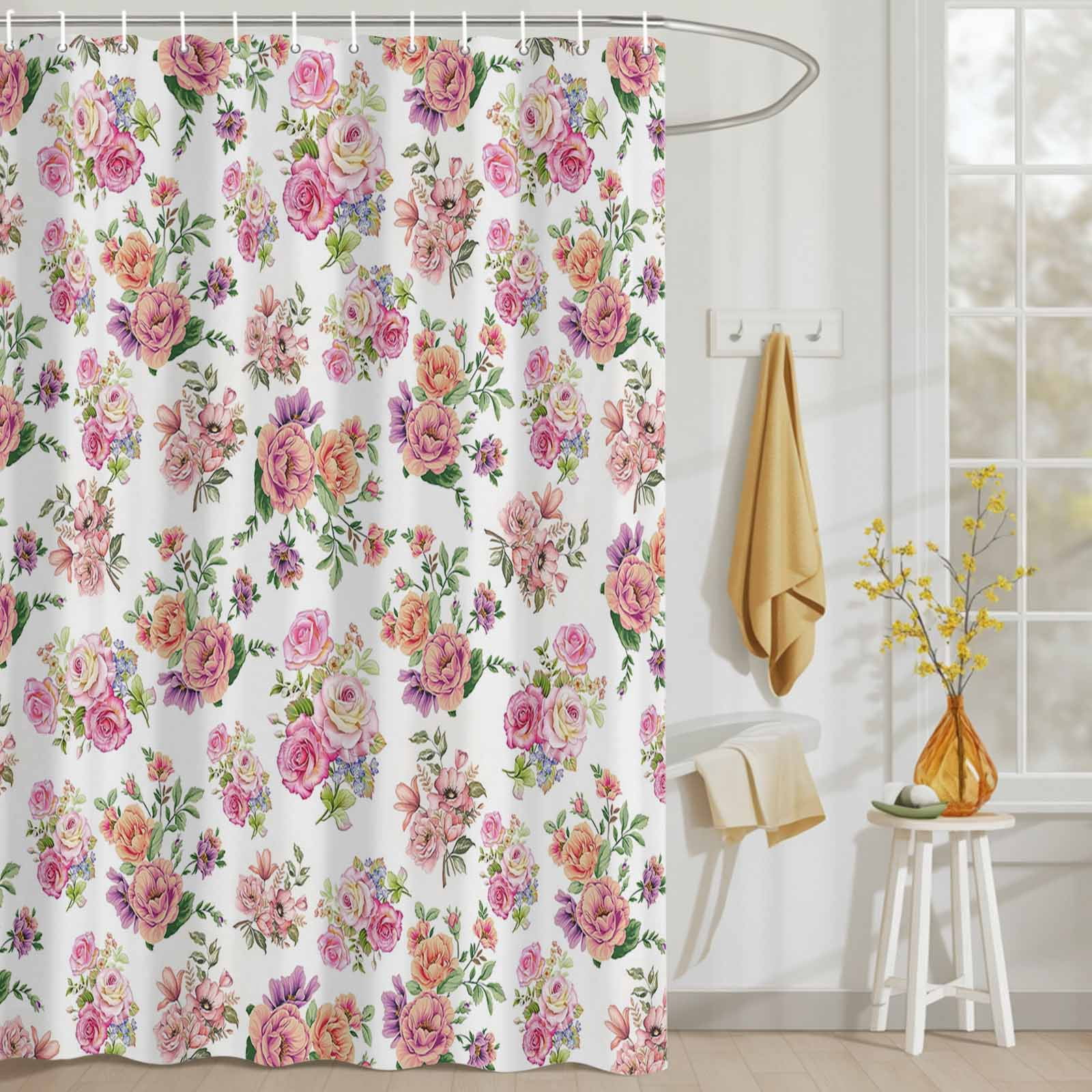 Blossom Flower with Green Leaves Shower Curtain Set, Waterproof Shower ...