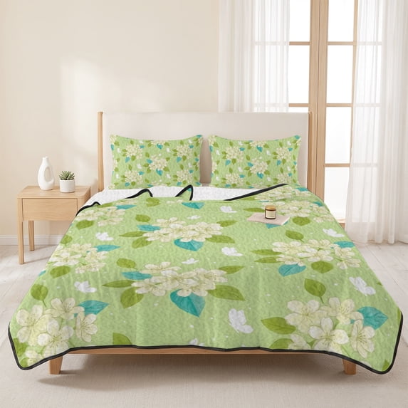 Blossom Flower Green Teal 3 Pieces Quilt Set,1 Quilt with 2 Shams ...