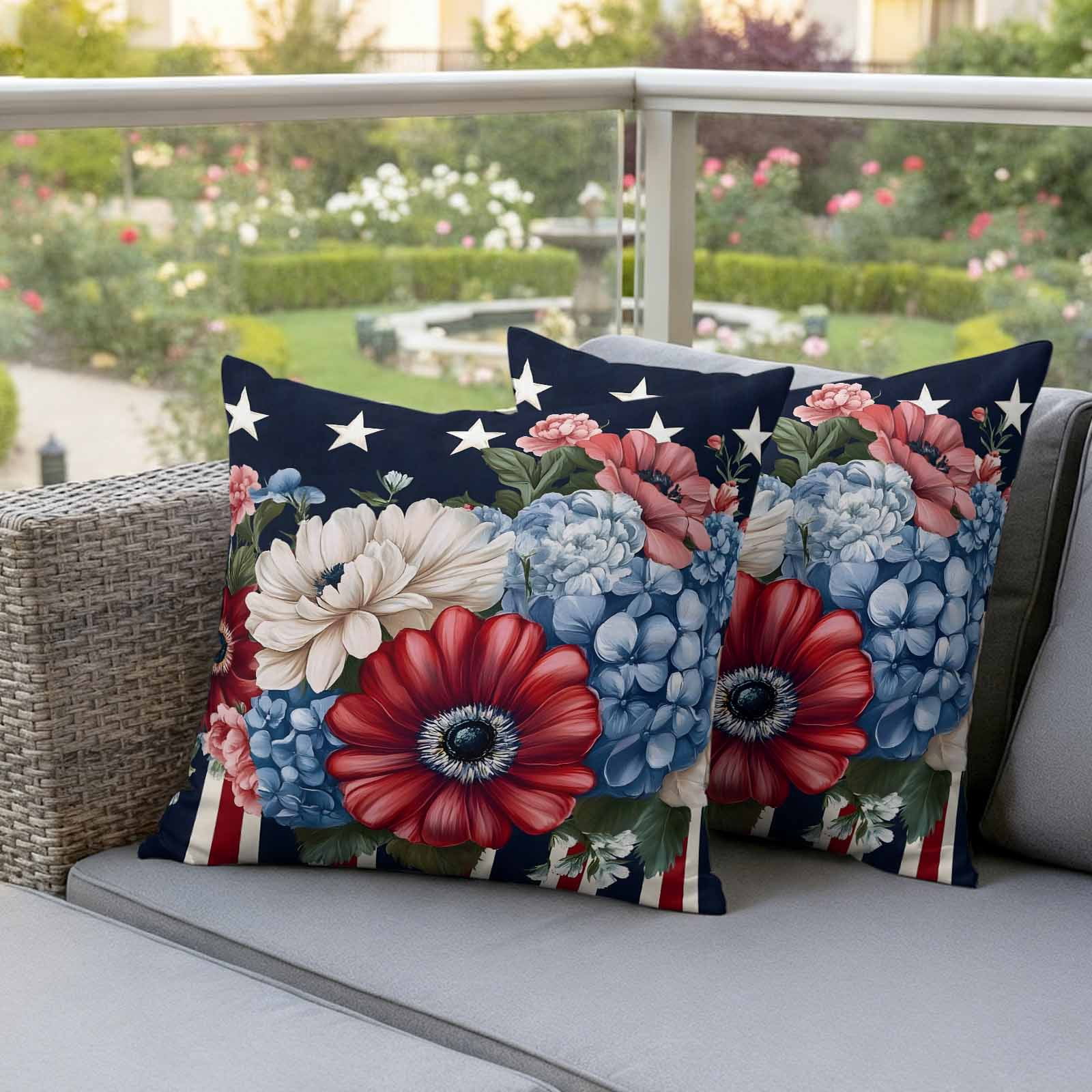 Blossom Flower USA Flag Star Stripe Waterproof Throw Pillow Covers Set ...