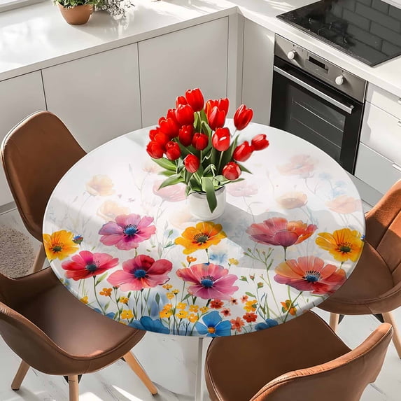 Blossom Flower on White Round Fitted Tablecloth with Elastic Edge ...