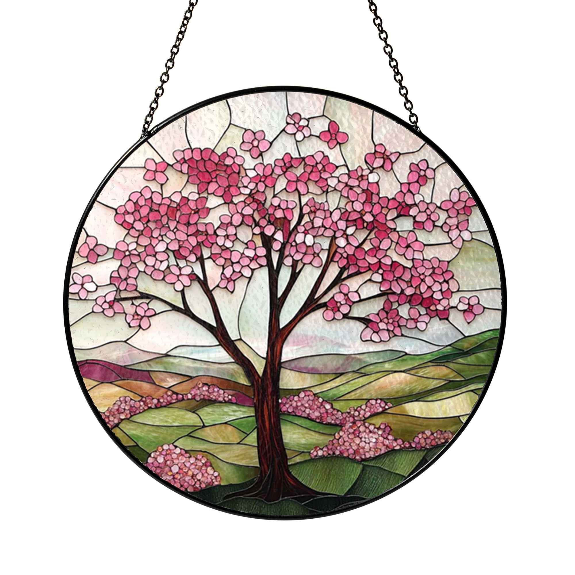 Blossom Forest Scene Stained Glass Suncatcher, Round Decorative Window ...