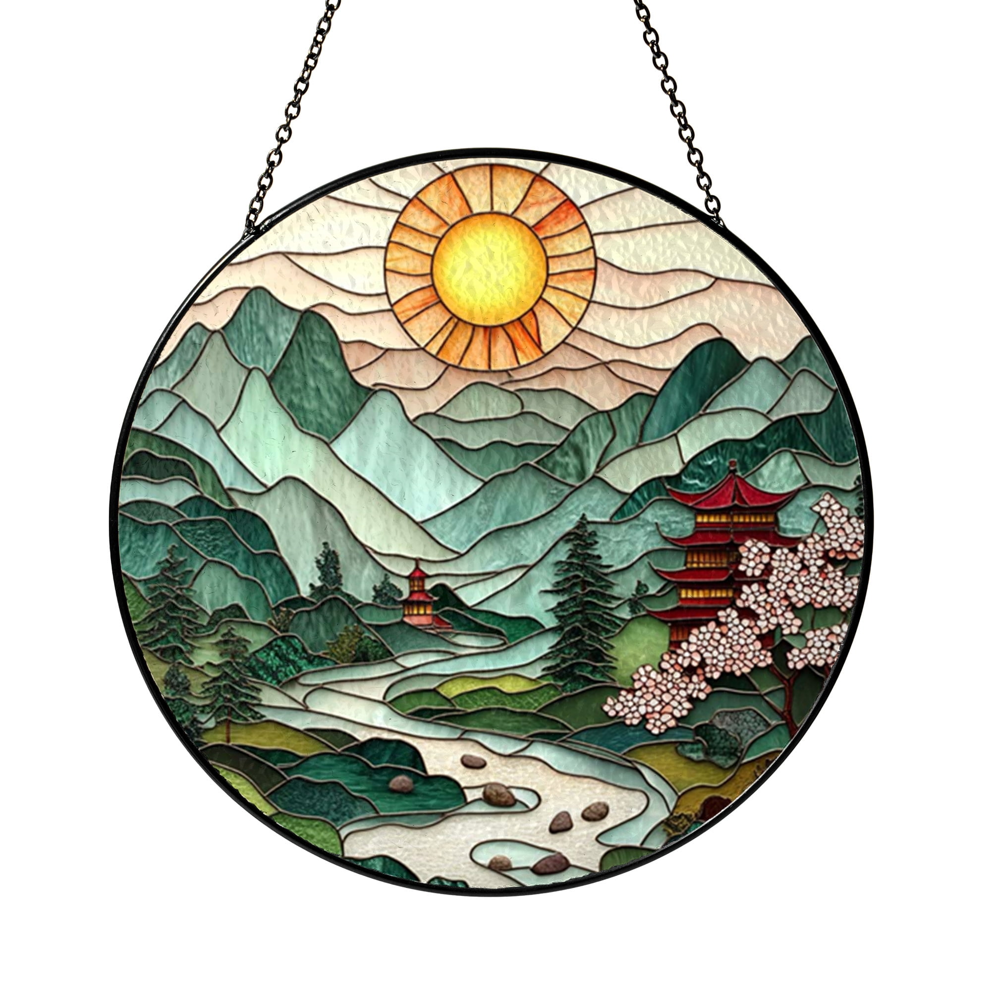 Blossom Landscape Scene Round Suncatcher – Stained Glass Style Window ...