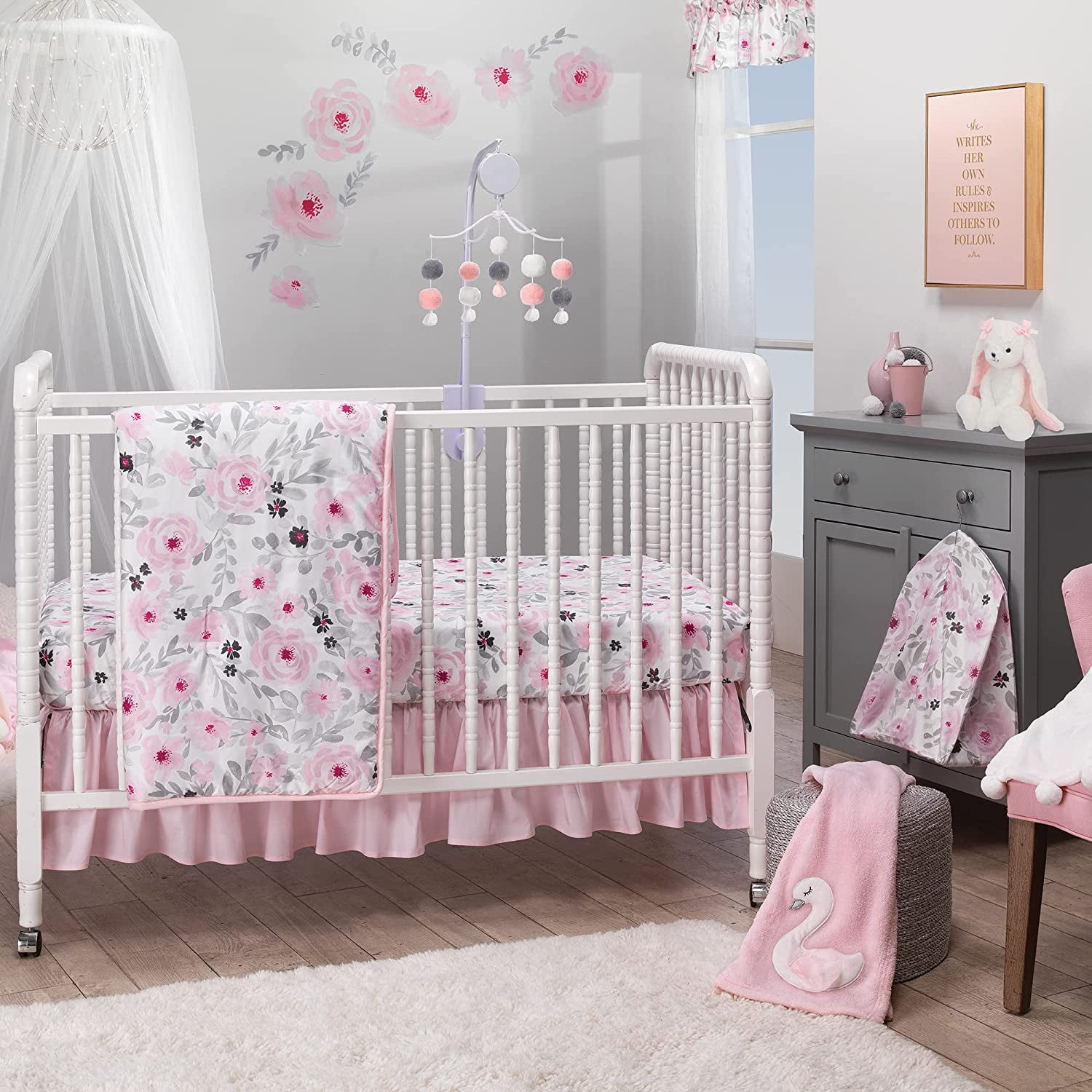 Blossom Pink Watercolor Floral 3-Piece Baby Crib Bedding Set - Walmart.com