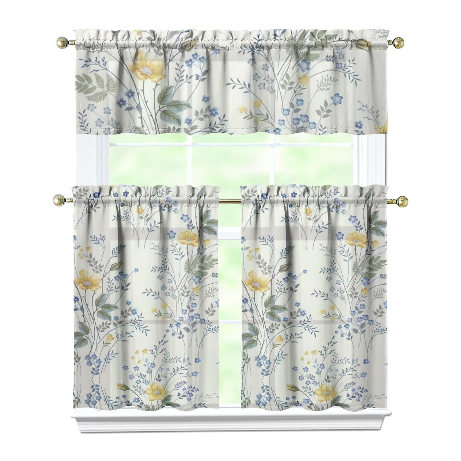Blossom Print Farmhouse Kitchen Curtains 3-Piece Set Rod Pocket Design ...