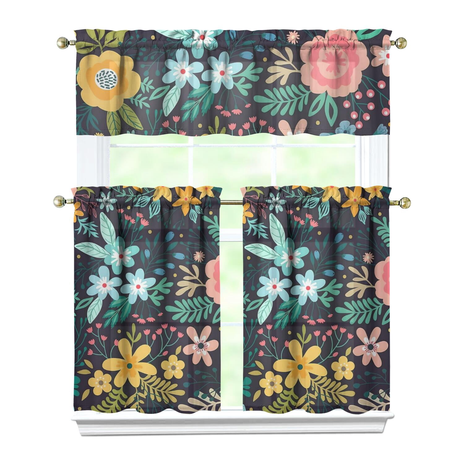 Blossom Print Kitchen Curtains Set of 3 with Valance and Tier Panels ...