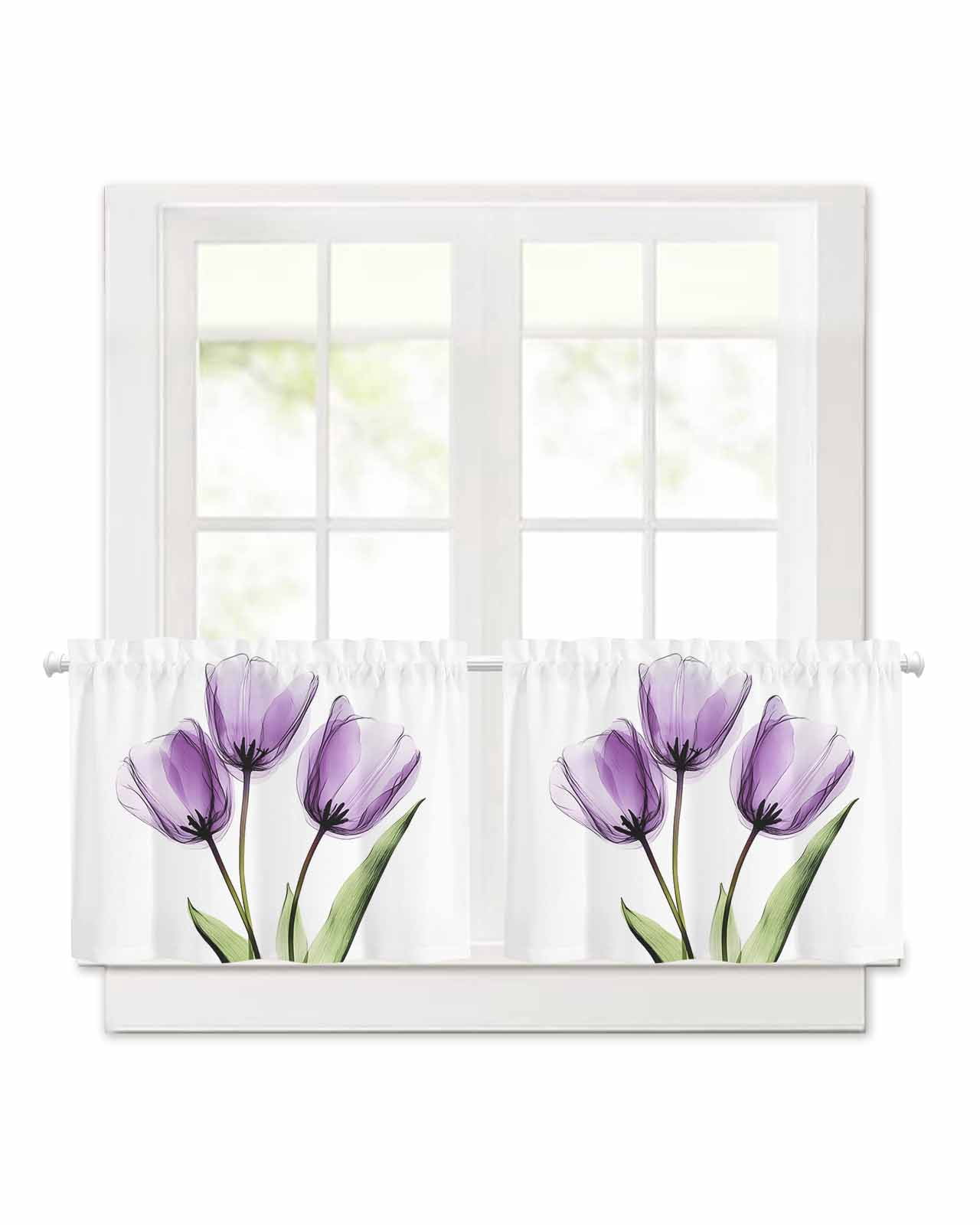 Blossom Purple Tulip Flower Short Blackout Curtains 24 Inch Long,Spring ...