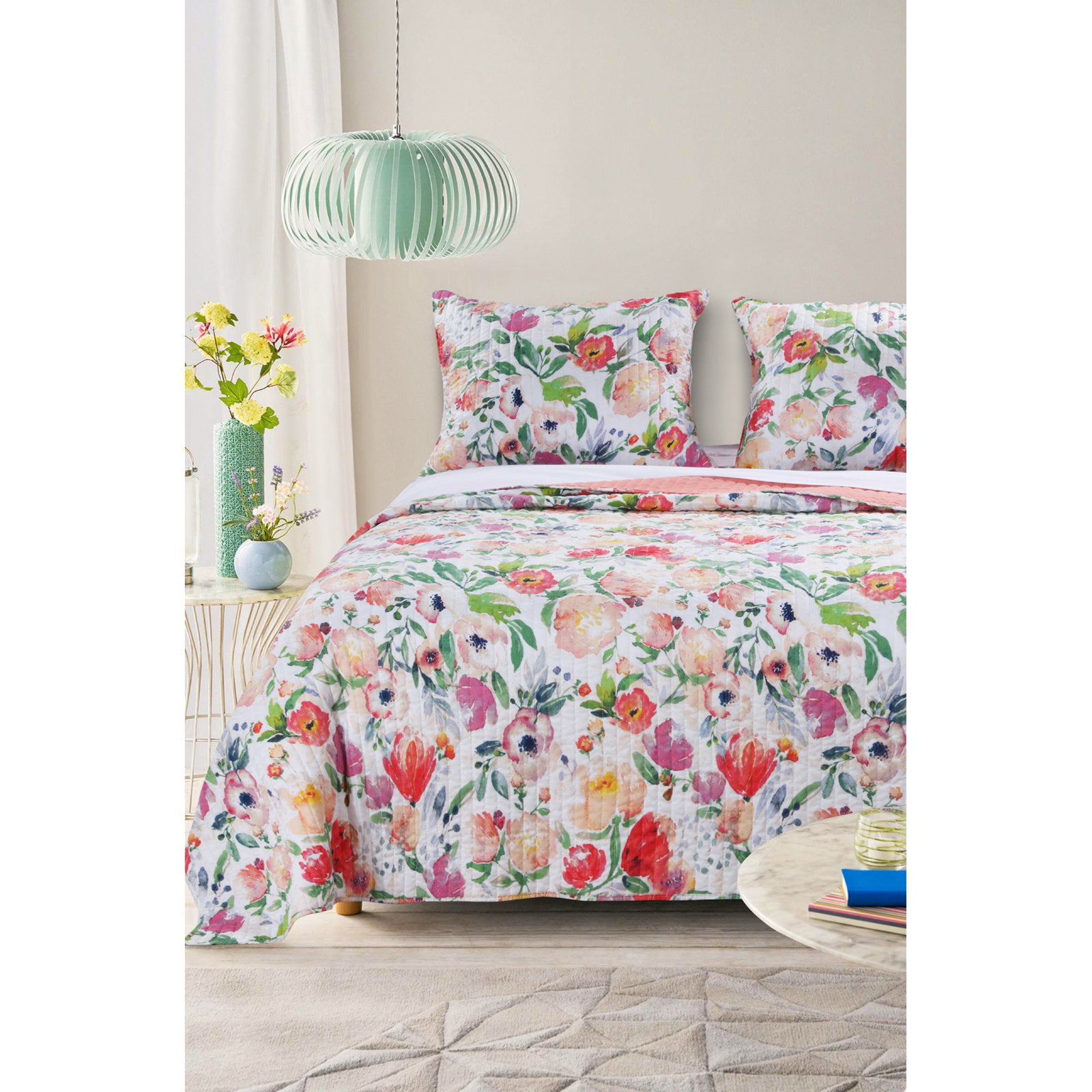 Flower Bloom Print Full Queen Size Quilt Set In Multicolor- Saltoro ...