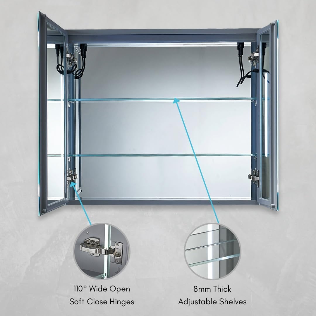 Blossom Rigel 30x26" LED Mirror Medicine Cabinet, Recessed/Surface Mount, Defogger, Dimmer, 2 ...