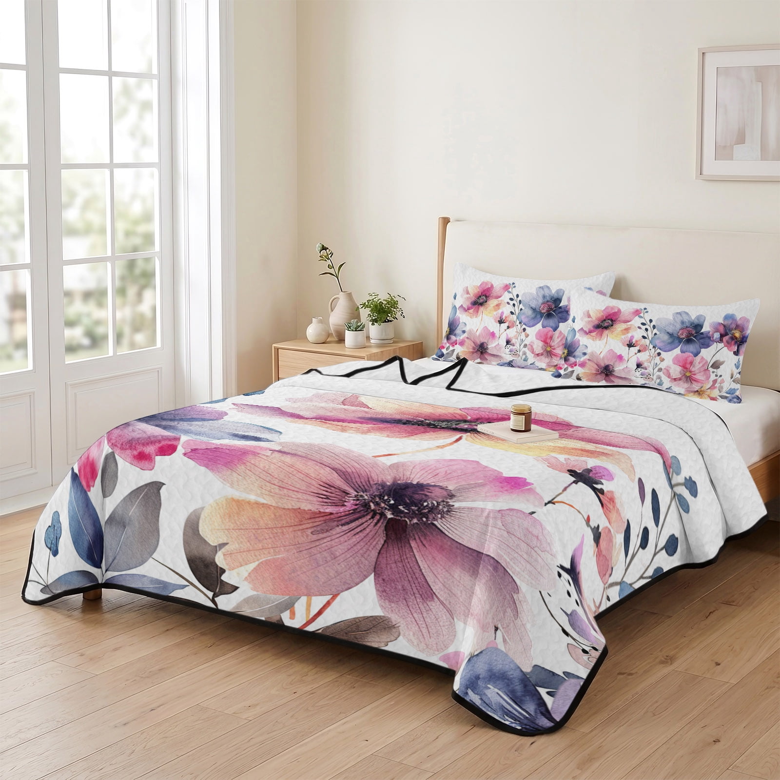 Blossom Spring Flower on White 3 Pieces Quilt Set,1 Quilt with 2 Shams ...