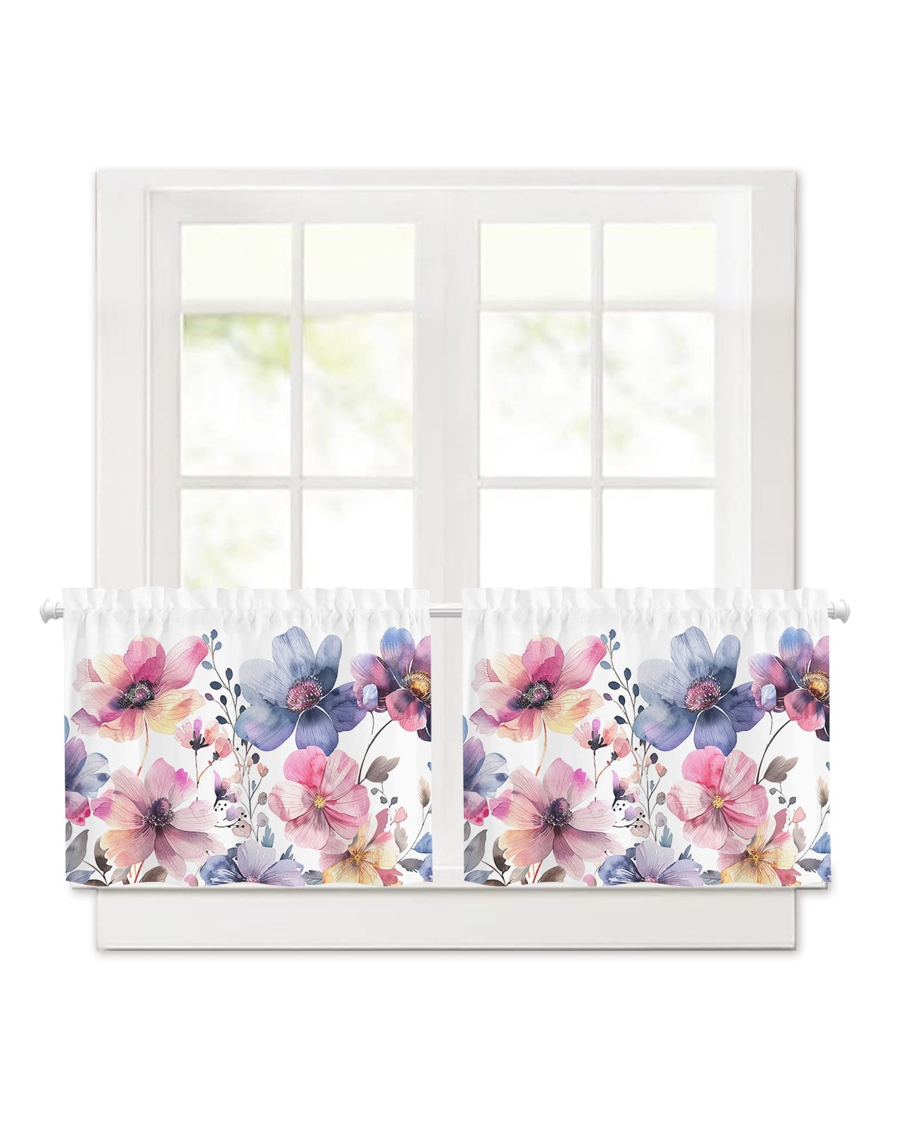 Blossom Spring Flower on White Short Blackout Curtains 24 Inch Long ...