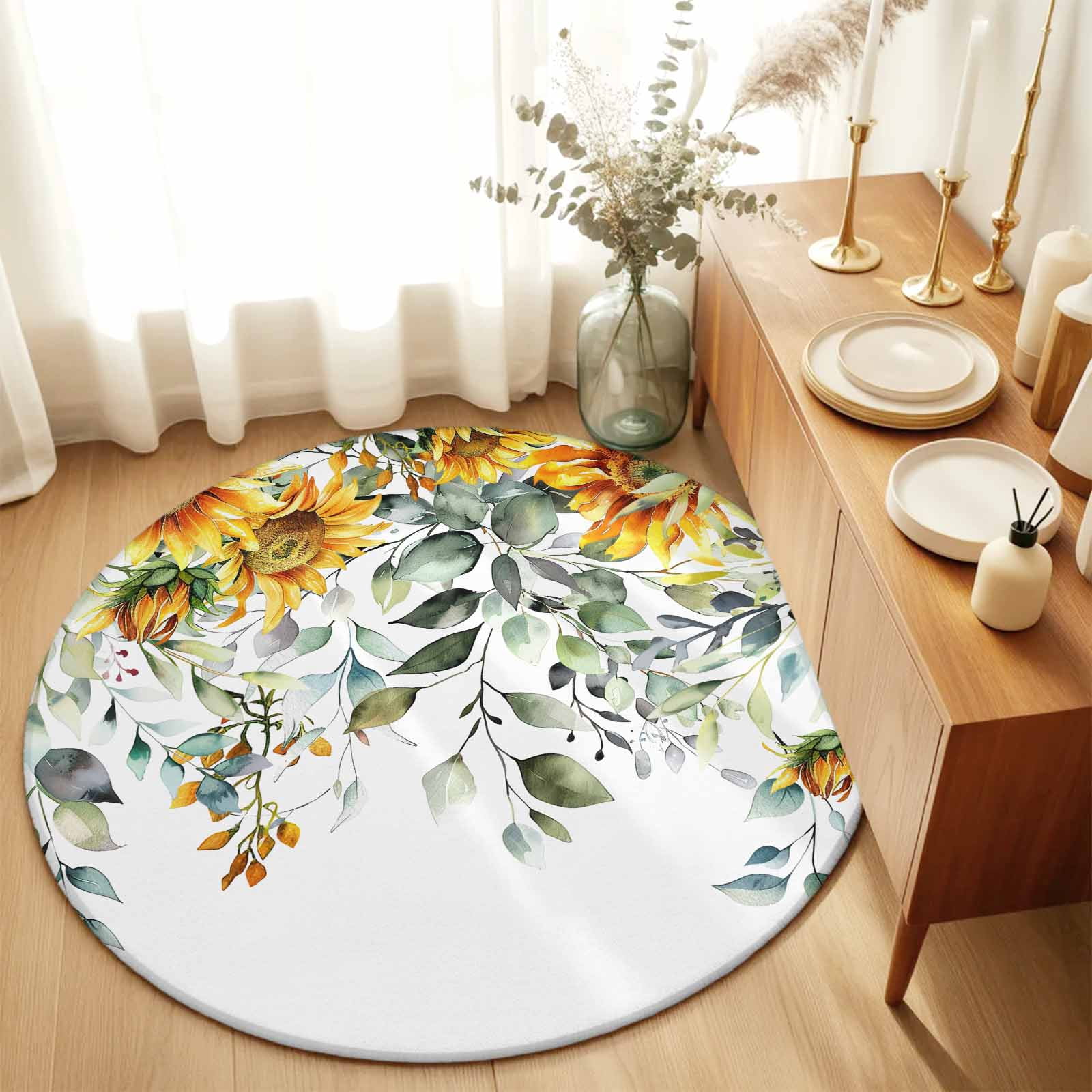 Blossom Sunflower Watercolor Floral Round Rug 3ft Green Leaves on White ...