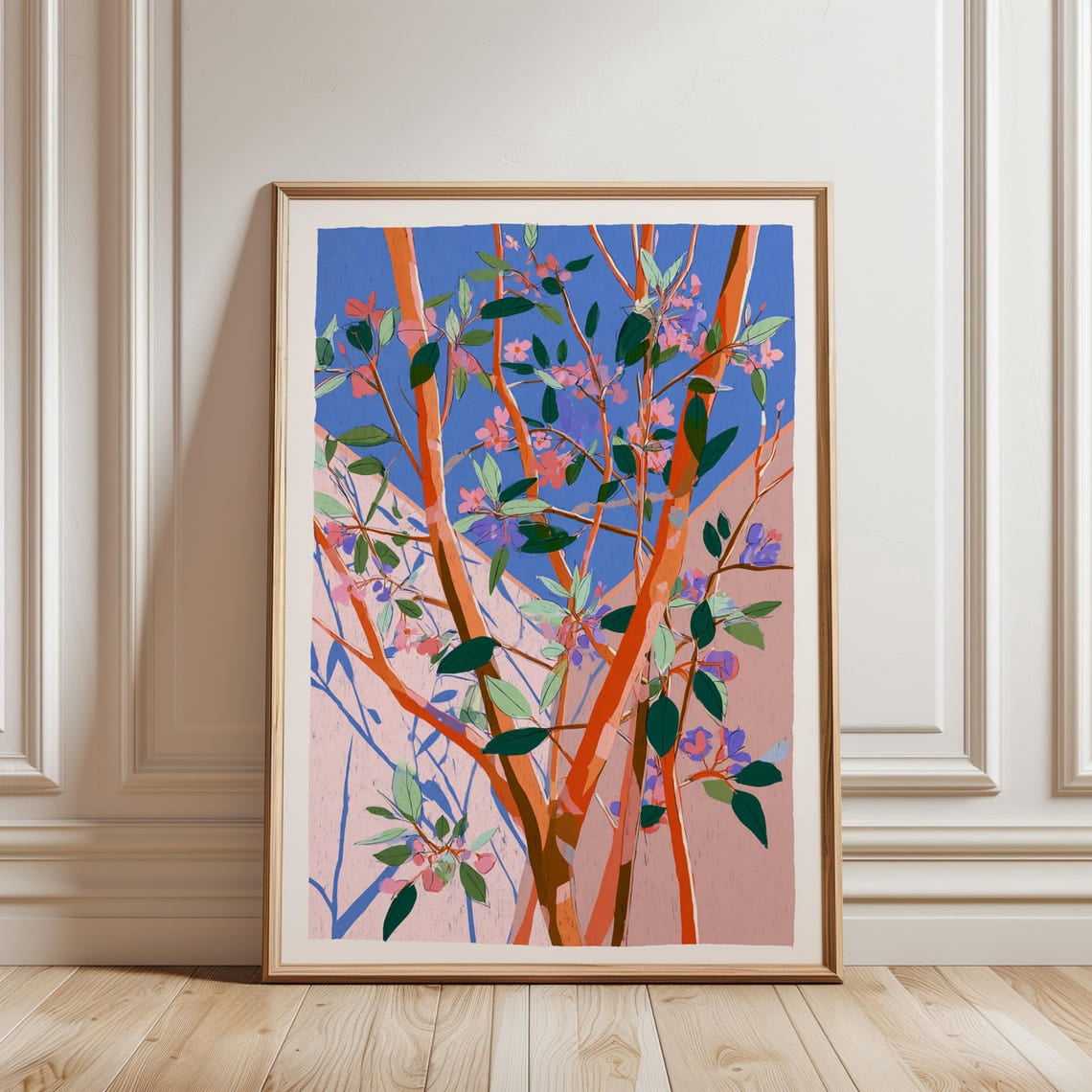 Blossom Tree Poster Vibrant Botanical Style Pink Green Blue Tones ...