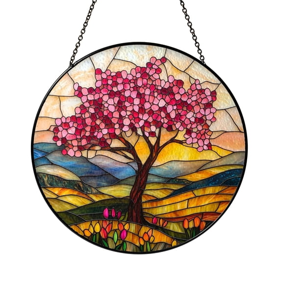 Blossom Tree and Mountain Stained Glass Style Suncatcher, Round Floral ...