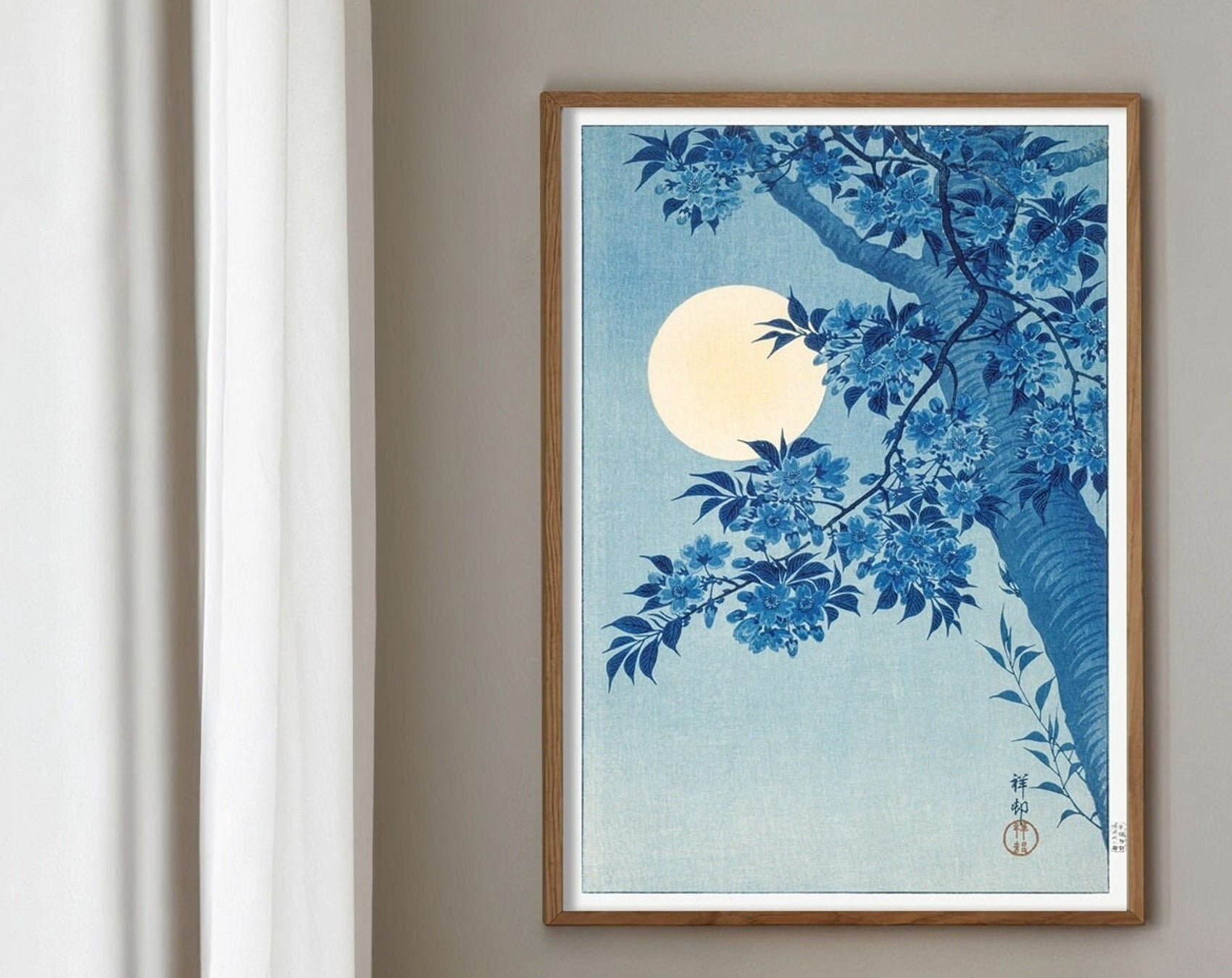 Blossoming Cherry On A Moonlit Night By Ohara Koson Vintage Poster Blue ...