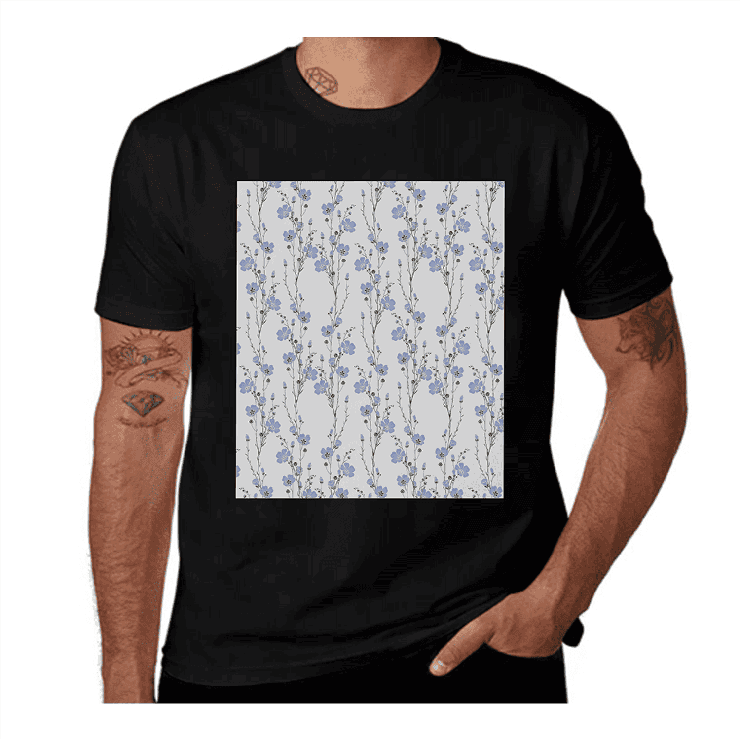 Blossoming Flax Flowers-Botanical-Dark Sepia-Lavender Blue-White Casual ...