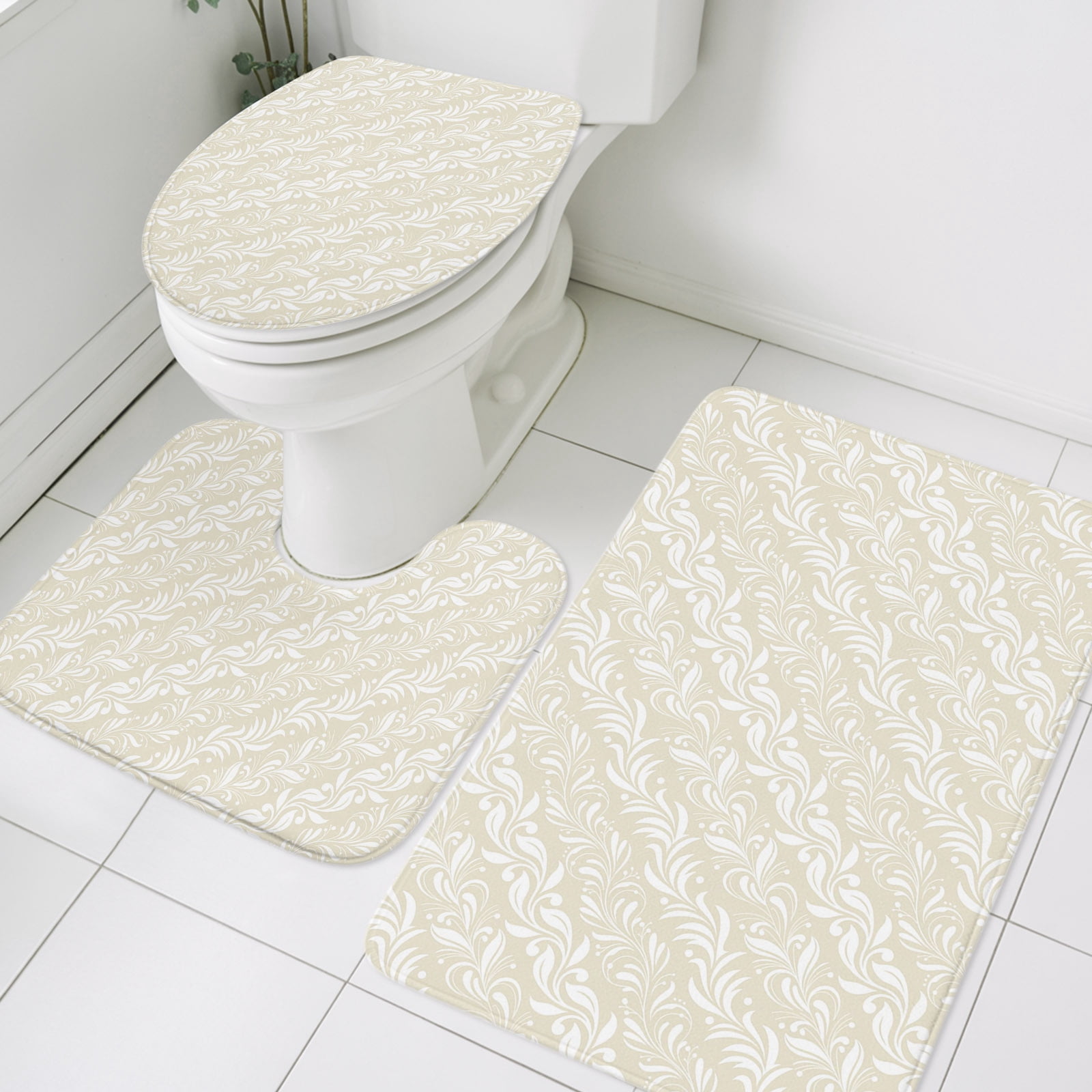 Blossoming Floral Leaf Bathroom Rugs Set Abstract Polka Dot Beige ...