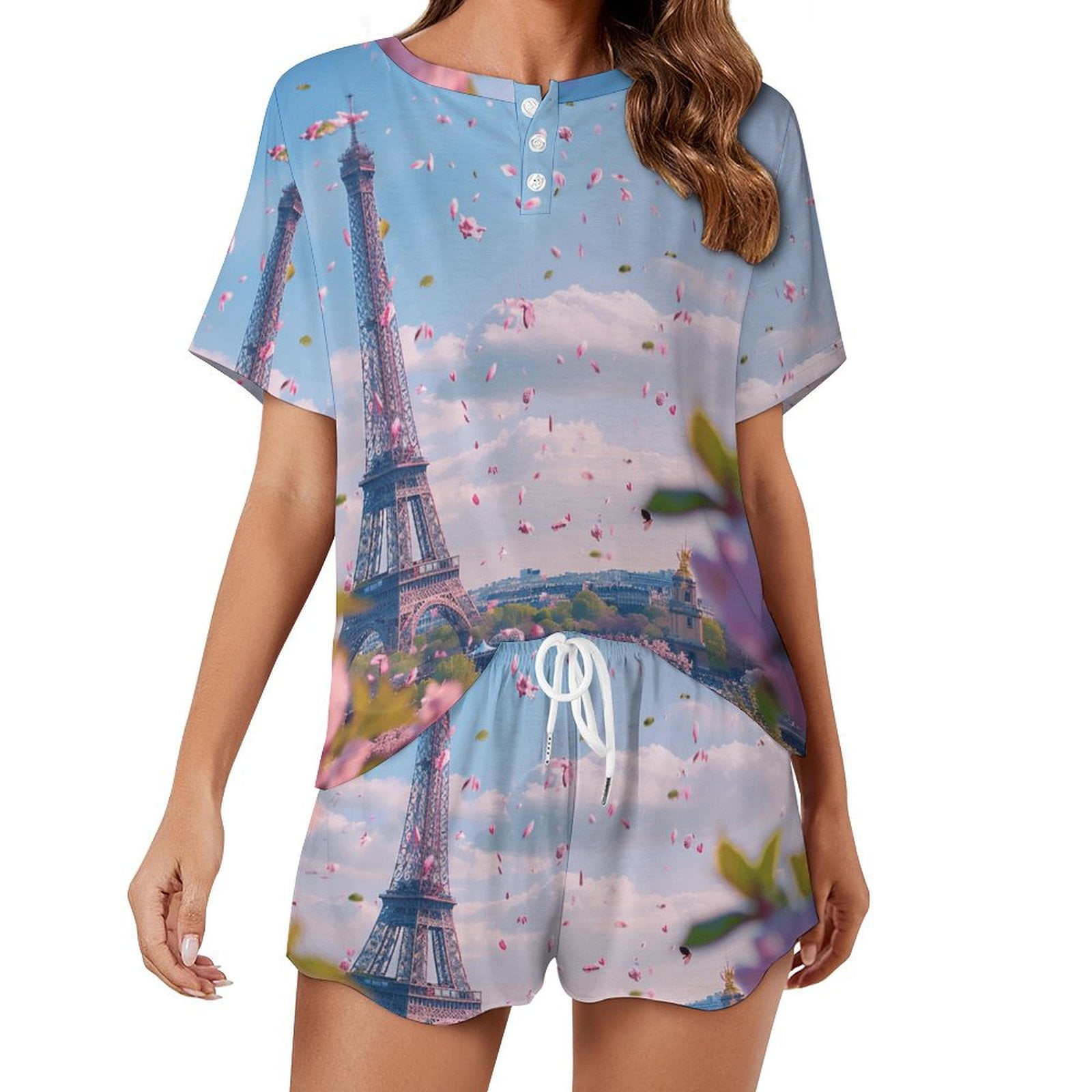 Blossoming Paris Eiffel Tower 2 Pack Women’s Pajama Set Print Sleepwear And Shorts Y2k ...