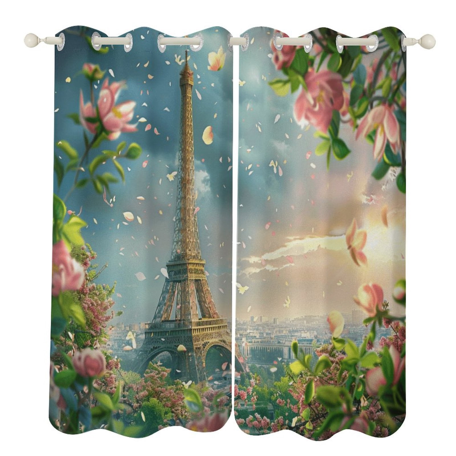 Blossoming Paris Eiffel Tower 2 Panel Curtain Set, Watercolor Painting ...