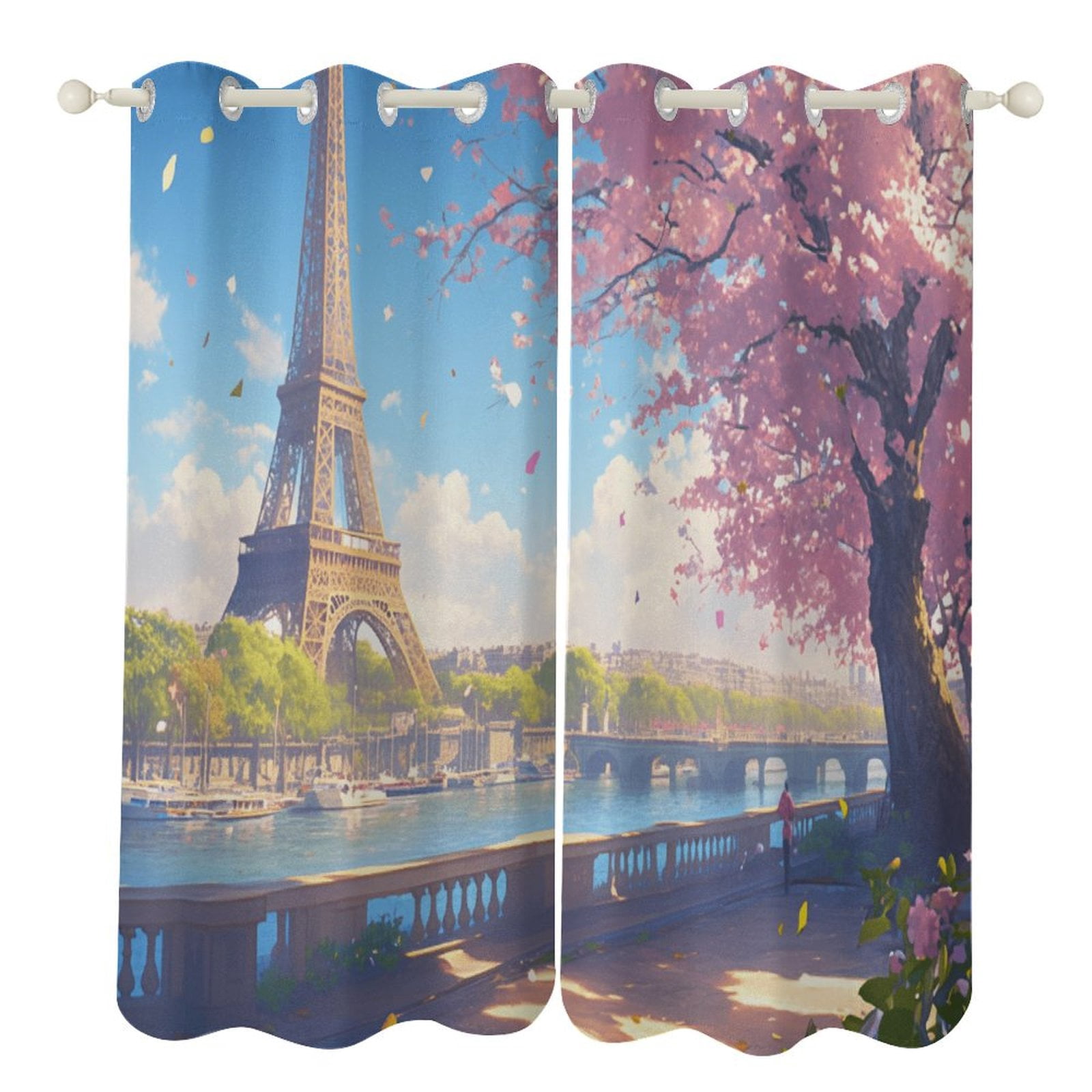 Blossoming Paris Eiffel Tower 2 Panel Curtain Set, Watercolor Painting ...