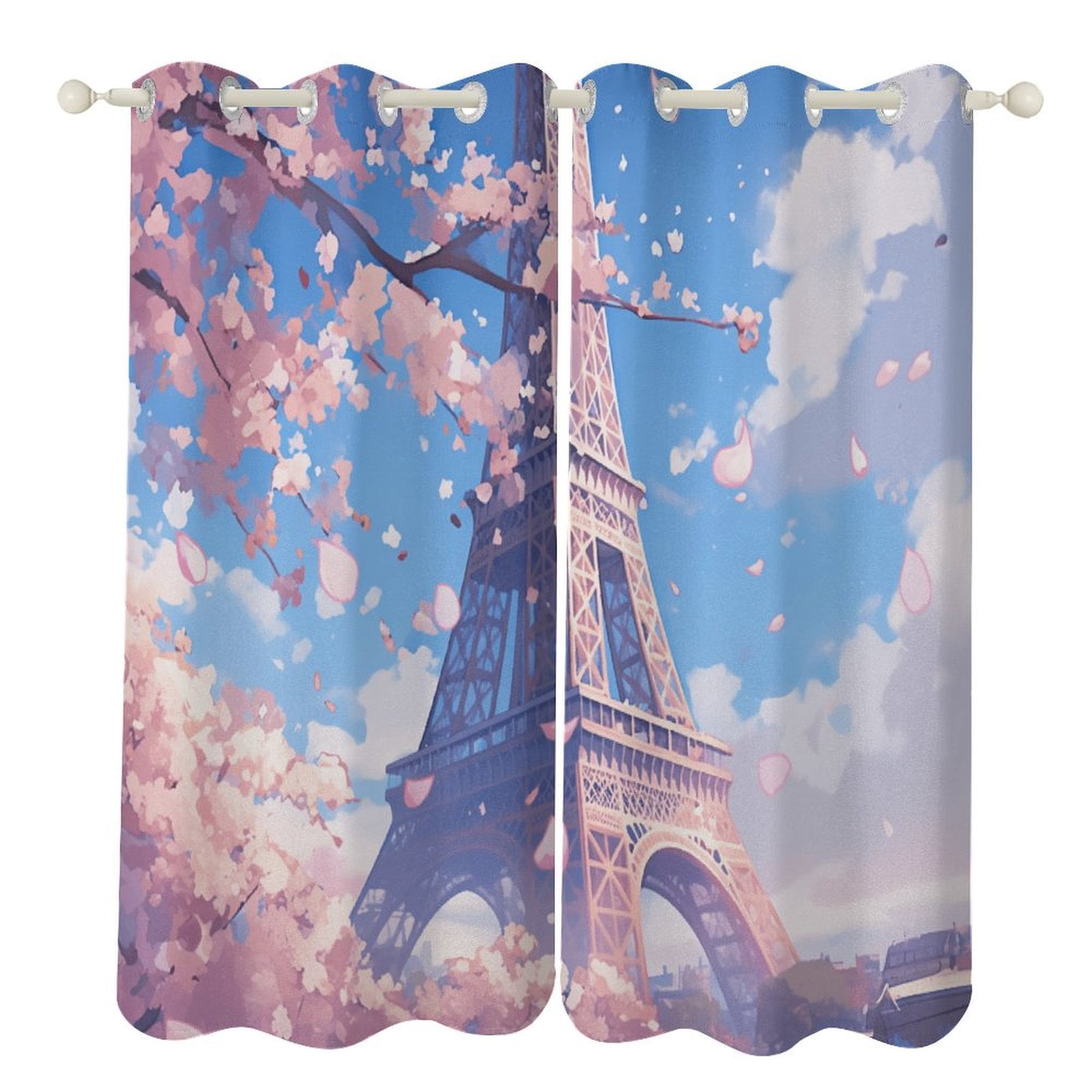 Blossoming Paris Eiffel Tower 2 Panel Curtain Set, Watercolor Painting ...
