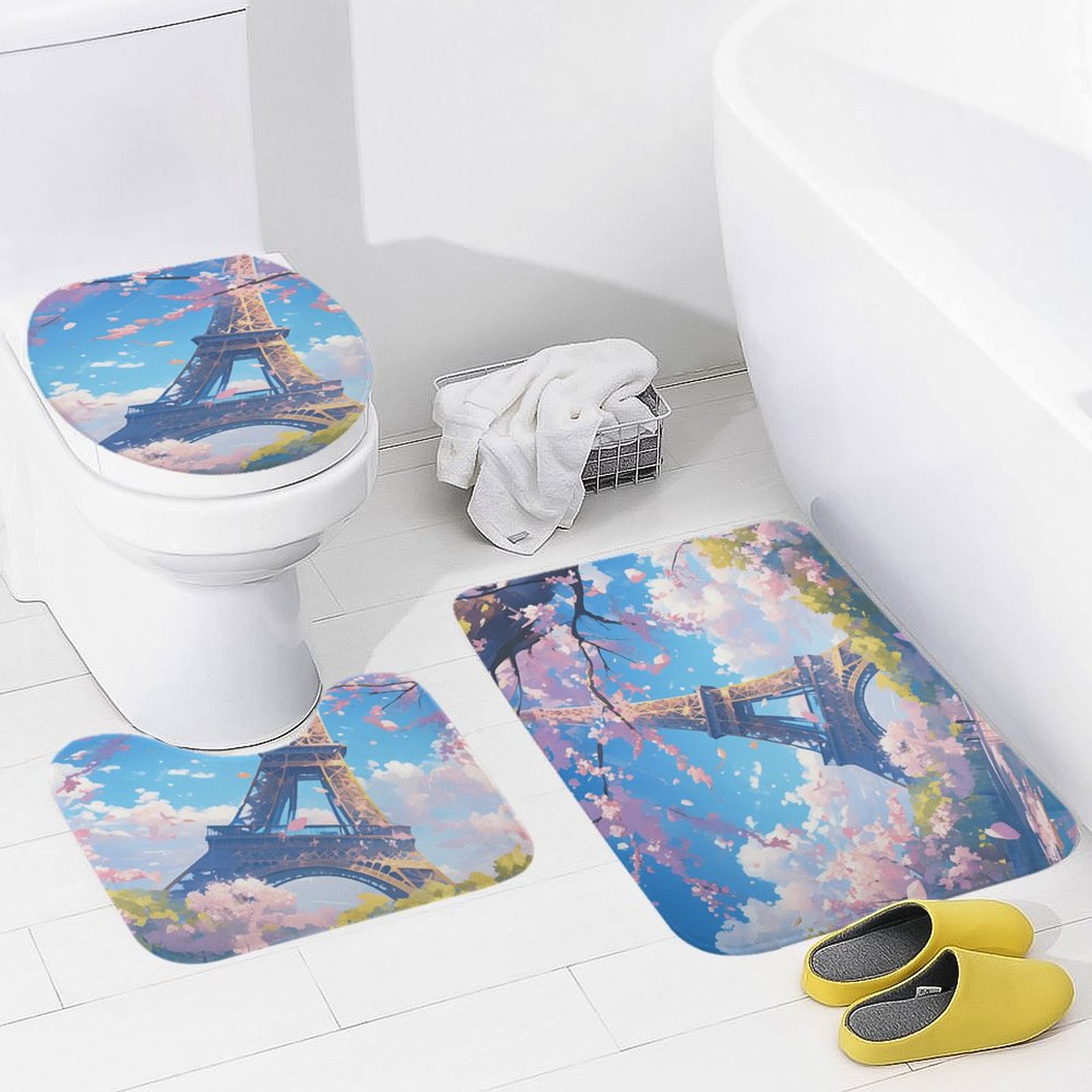 Blossoming Paris Eiffel Tower 3 Piece Bath Rugs Mat Set, Flannel Mats ...