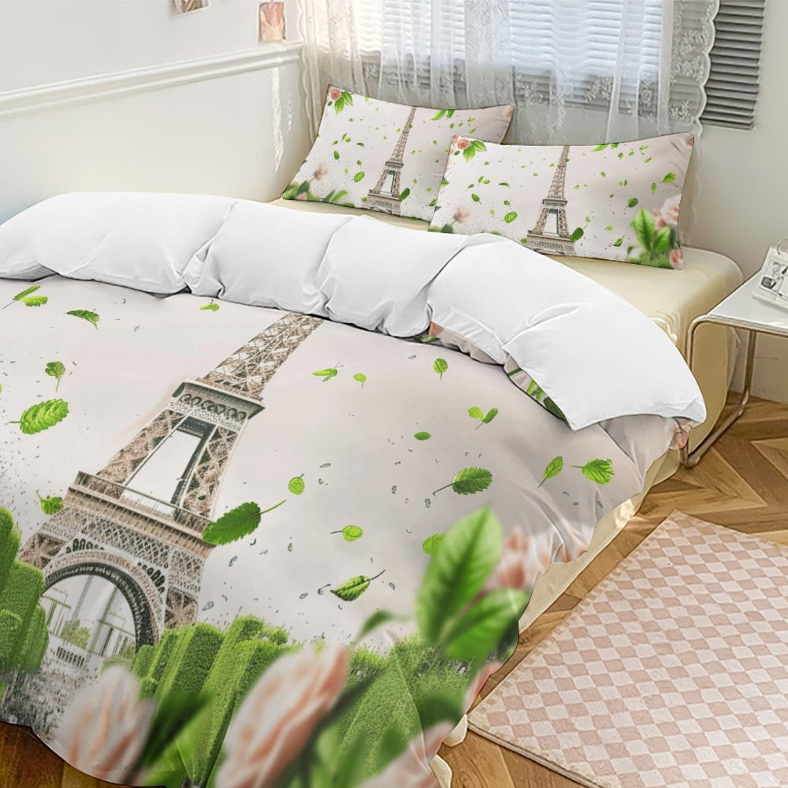 Blossoming Paris Eiffel Tower 3 Pieces Duvet Cover with Zipper Closure ...