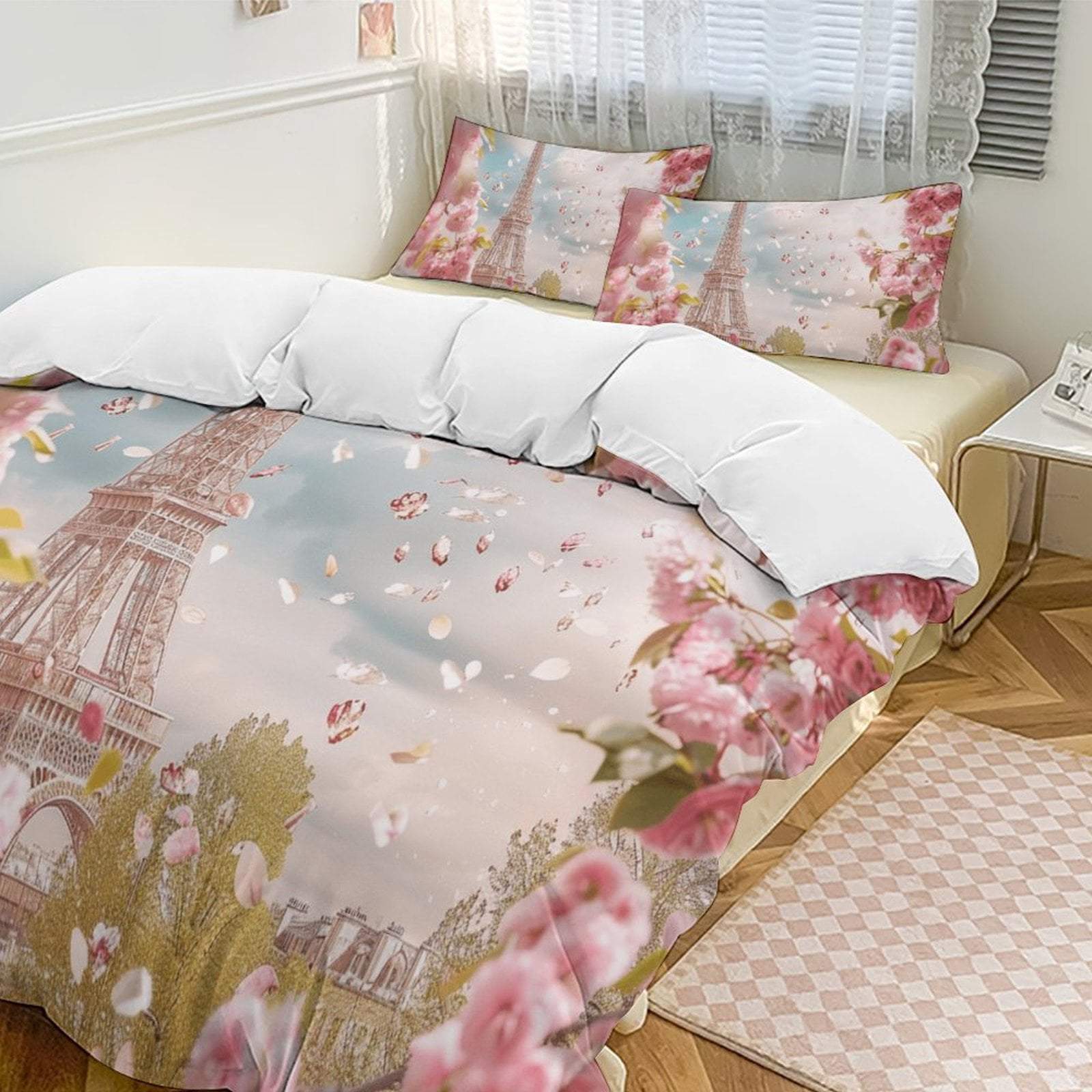 Blossoming Paris Eiffel Tower 3 Pieces Duvet Cover with Zipper Closure ...