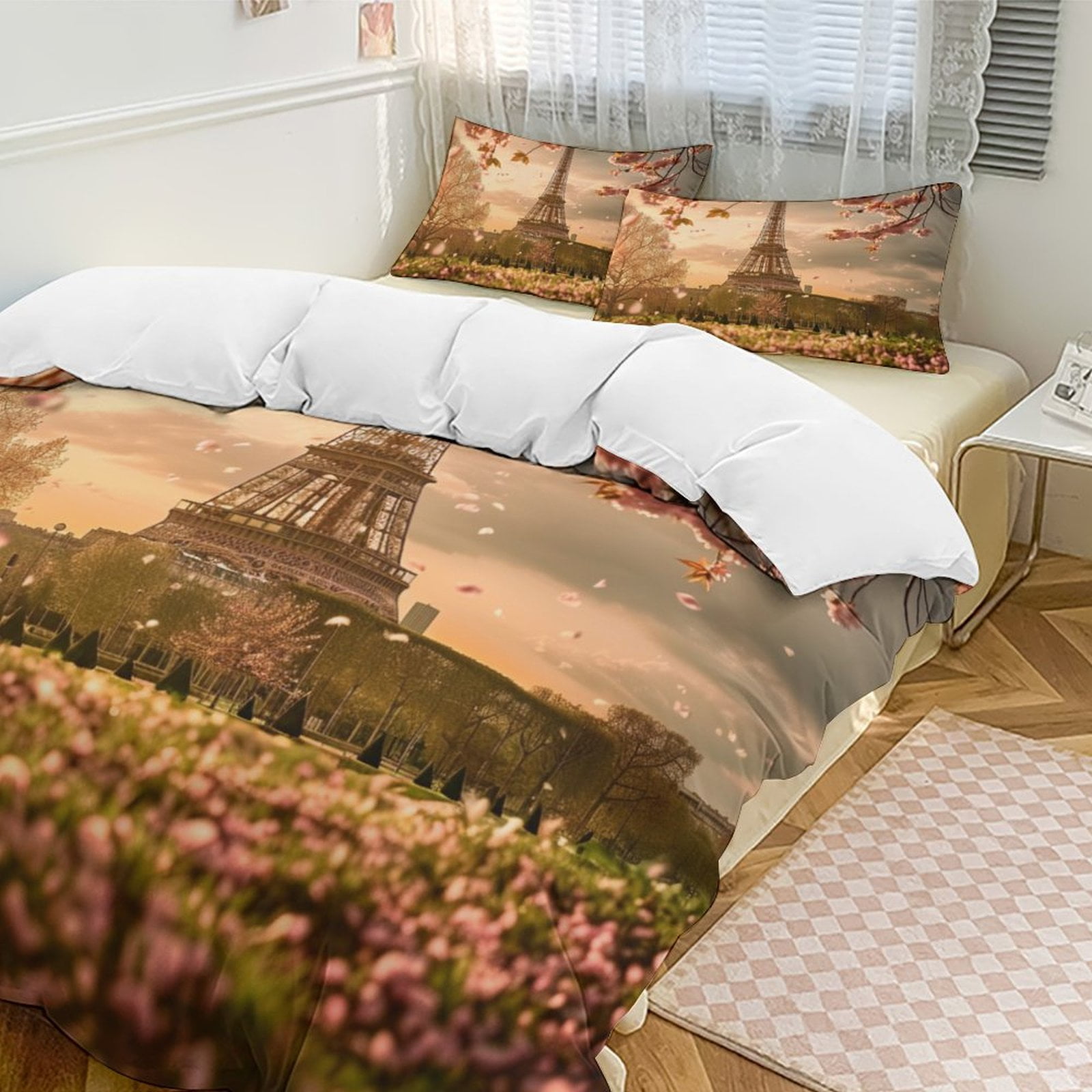 Blossoming Paris Eiffel Tower 3D Duvet Cover Set Quilt Cover Theme of ...