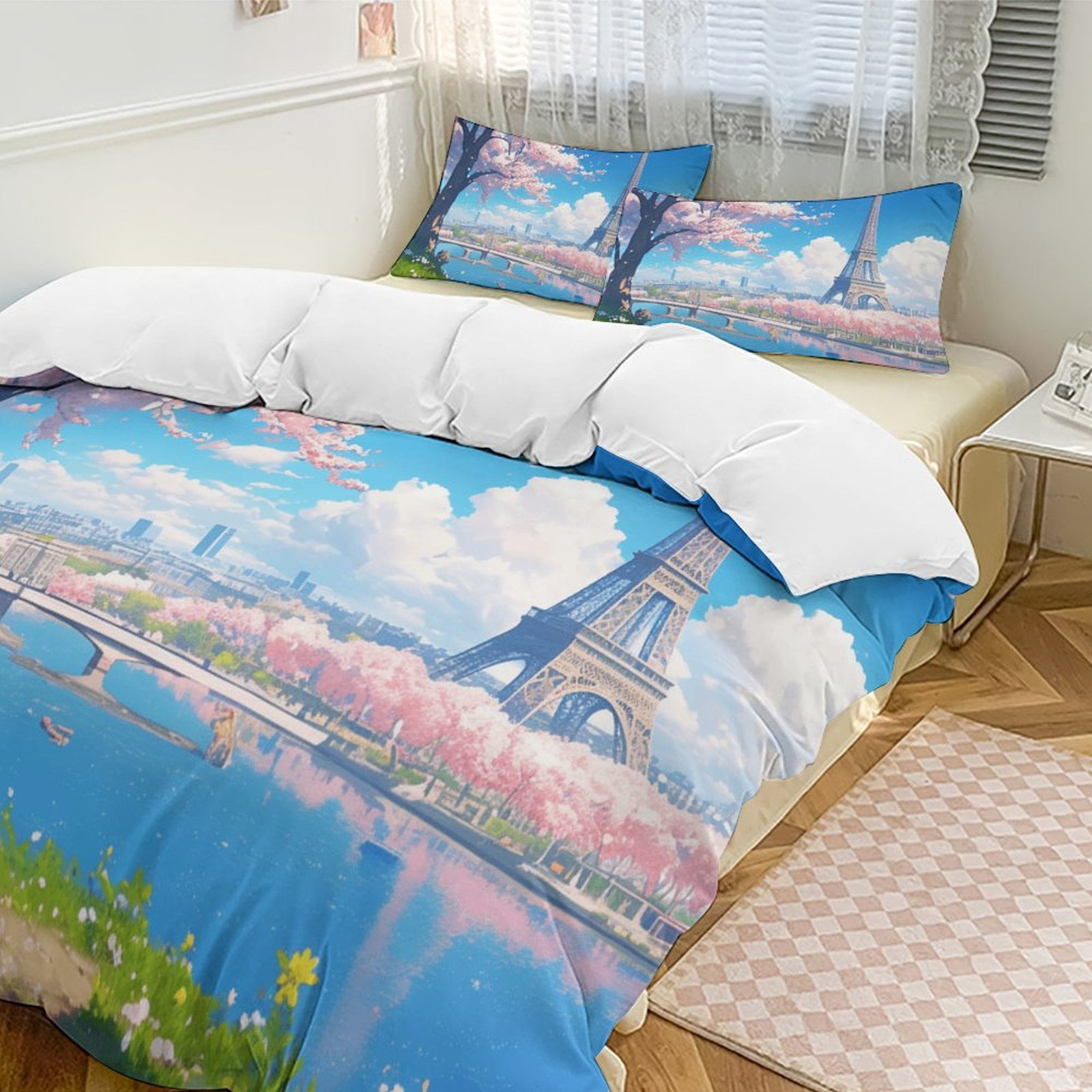 Blossoming Paris Eiffel Tower 3D Duvet Cover Set Quilt Cover Theme of ...