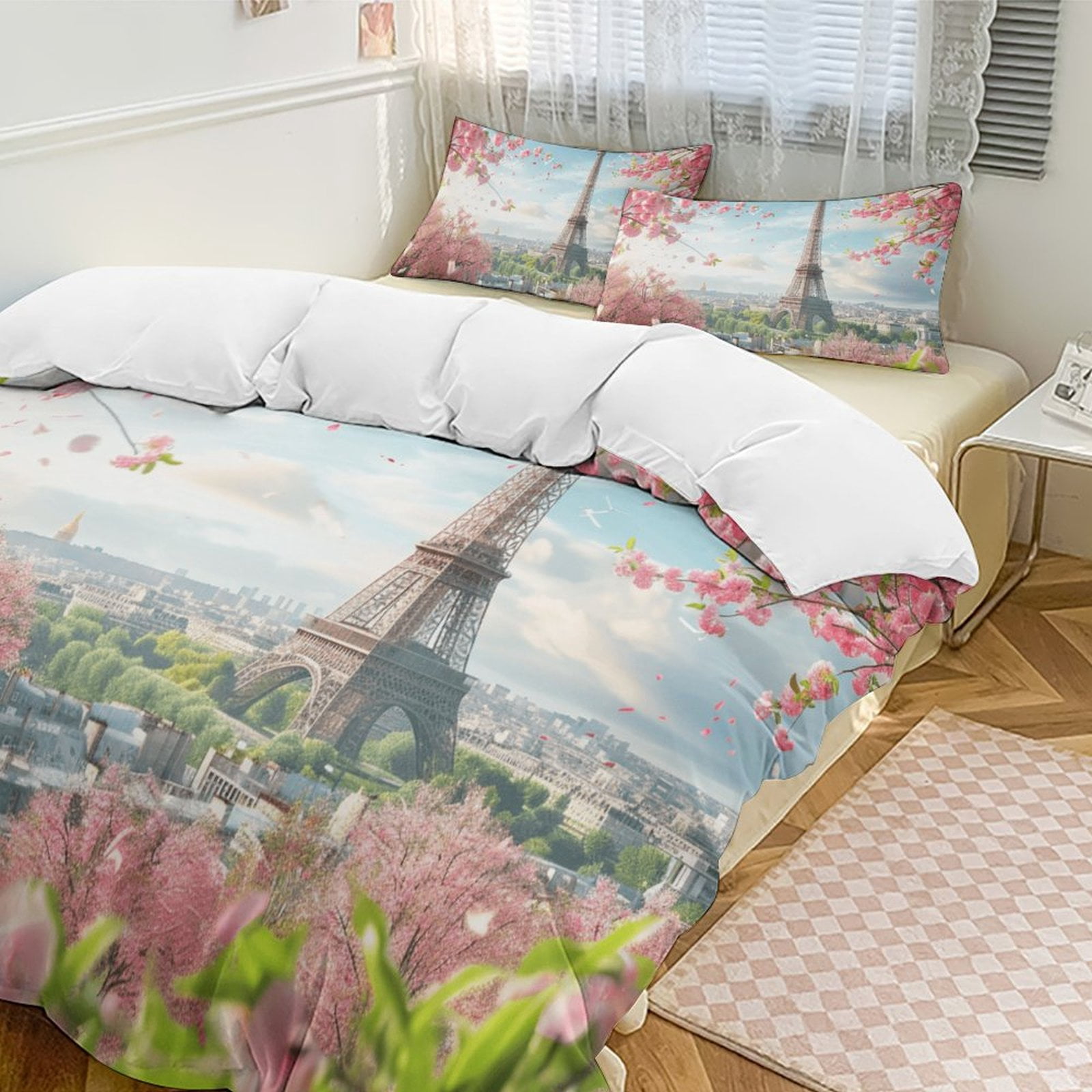 Blossoming Paris Eiffel Tower 3D Duvet Cover Set Quilt Cover Theme of ...