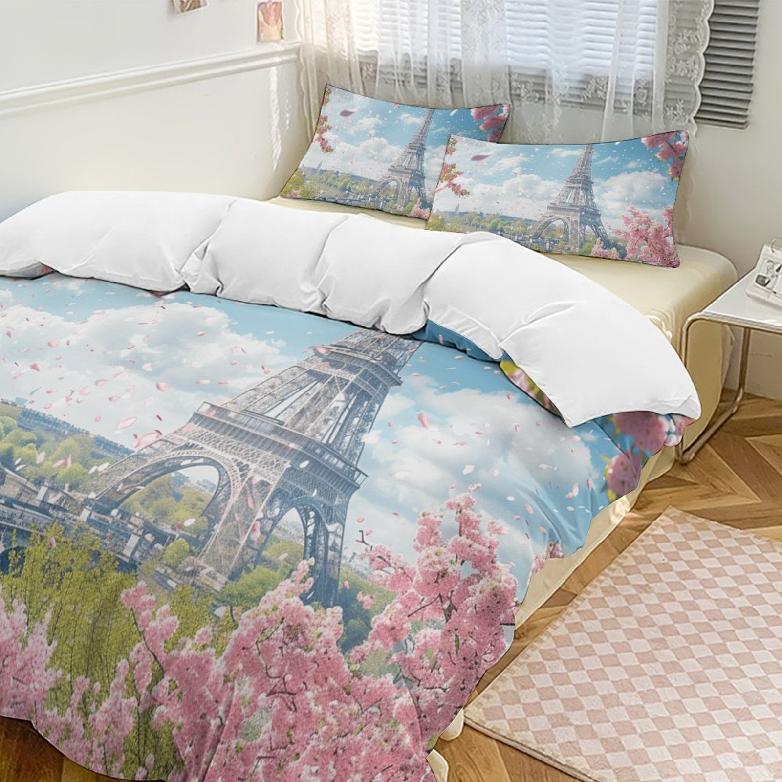 Blossoming Paris Eiffel Tower 3D Duvet Cover Set Quilt Cover Theme of ...