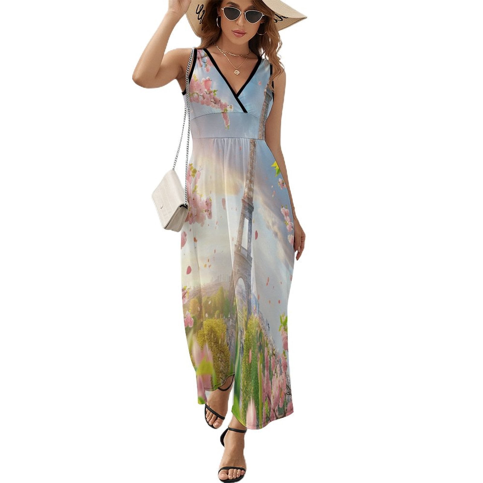 Blossoming Paris Eiffel Tower Art Sleeveless Dress Women's Summer Suit ...