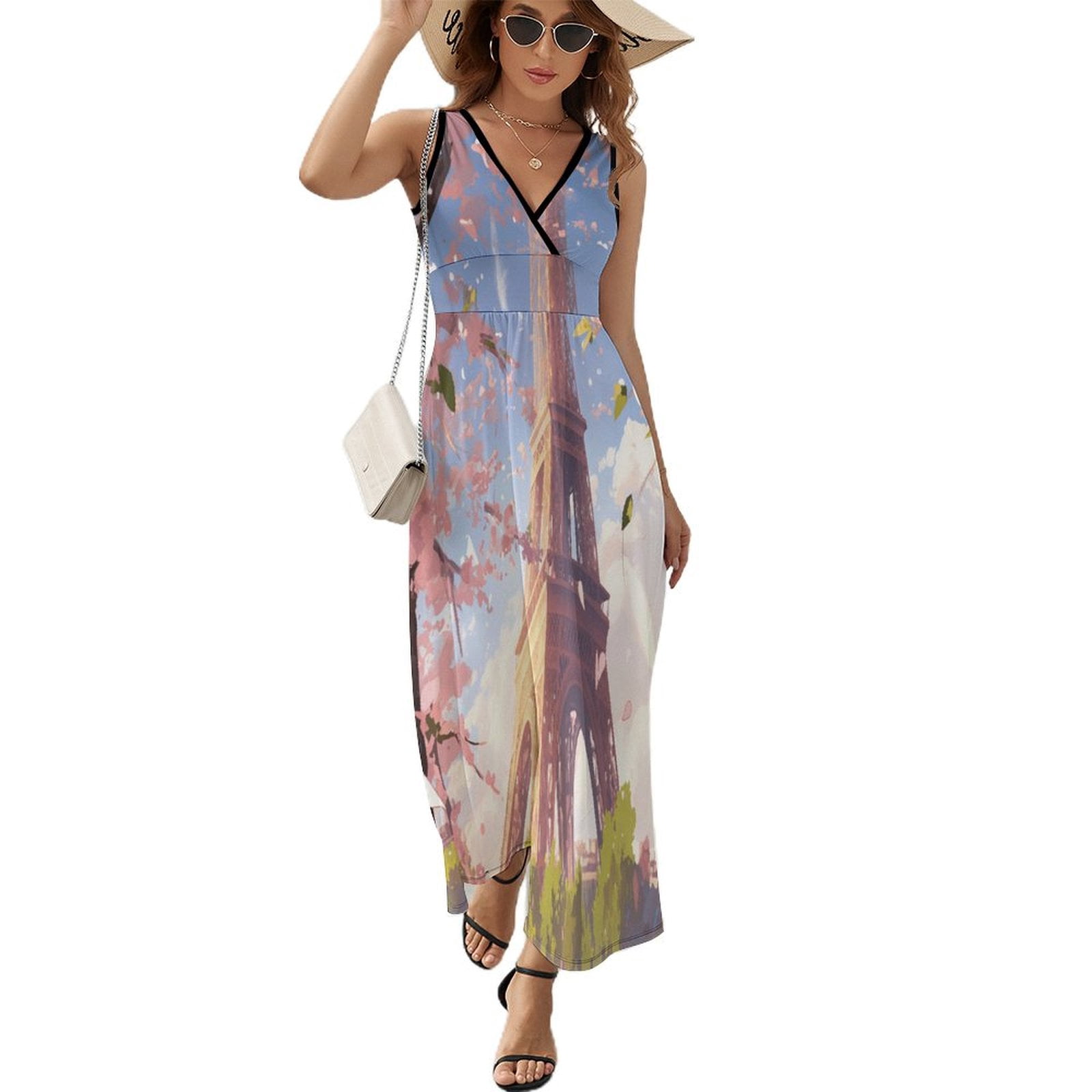 Blossoming Paris Eiffel Tower Art Sleeveless Dress Women's Summer Suit ...