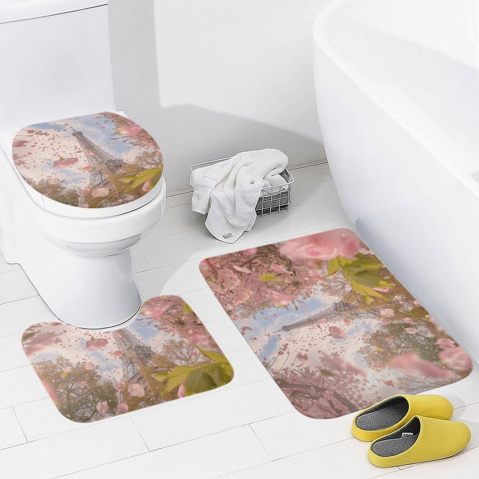 Blossoming Paris Eiffel Tower Bathroom Rug Set of 3, No Silp Washable ...