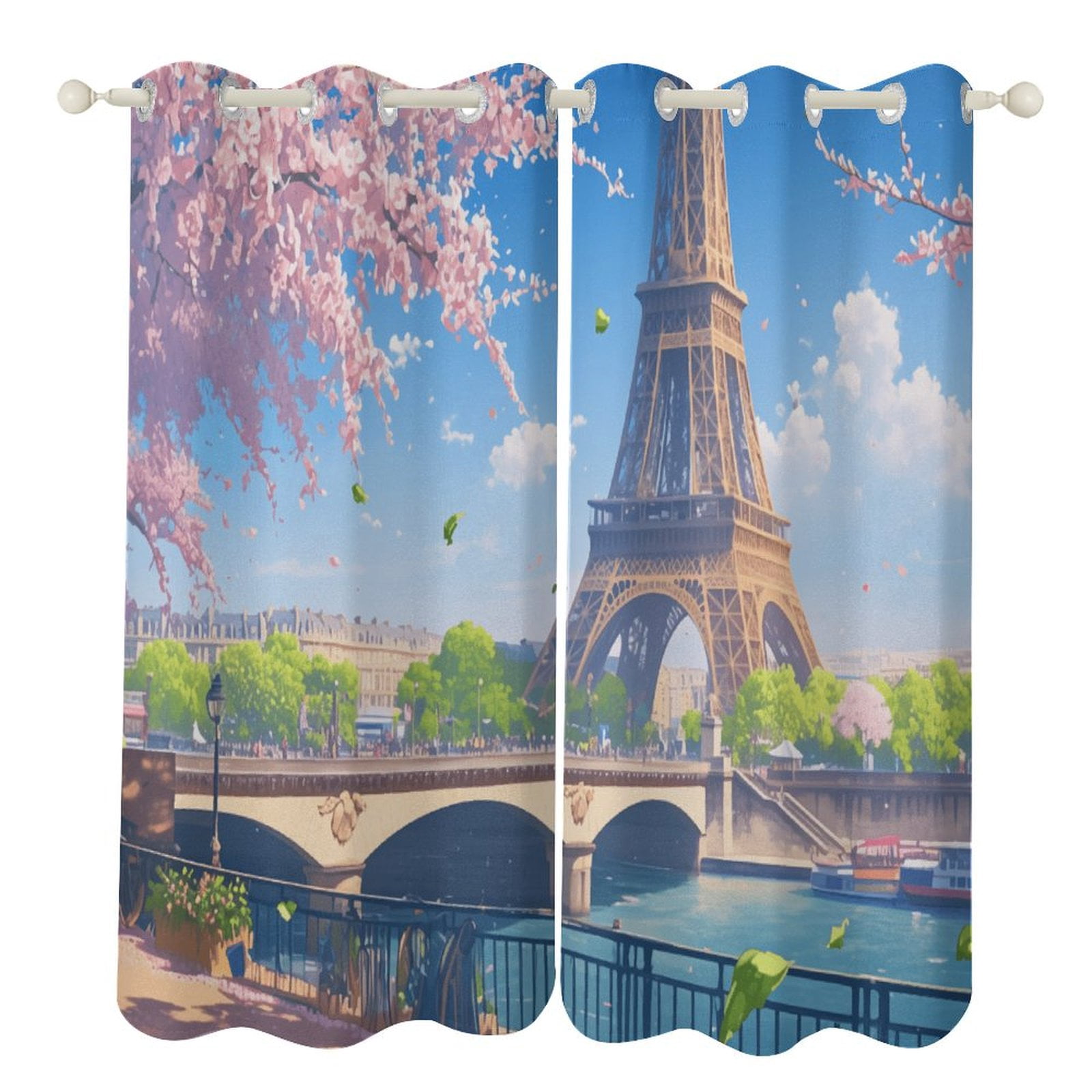 Blossoming Paris Eiffel Tower Curtains Watercolor Theme Window Curtains ...