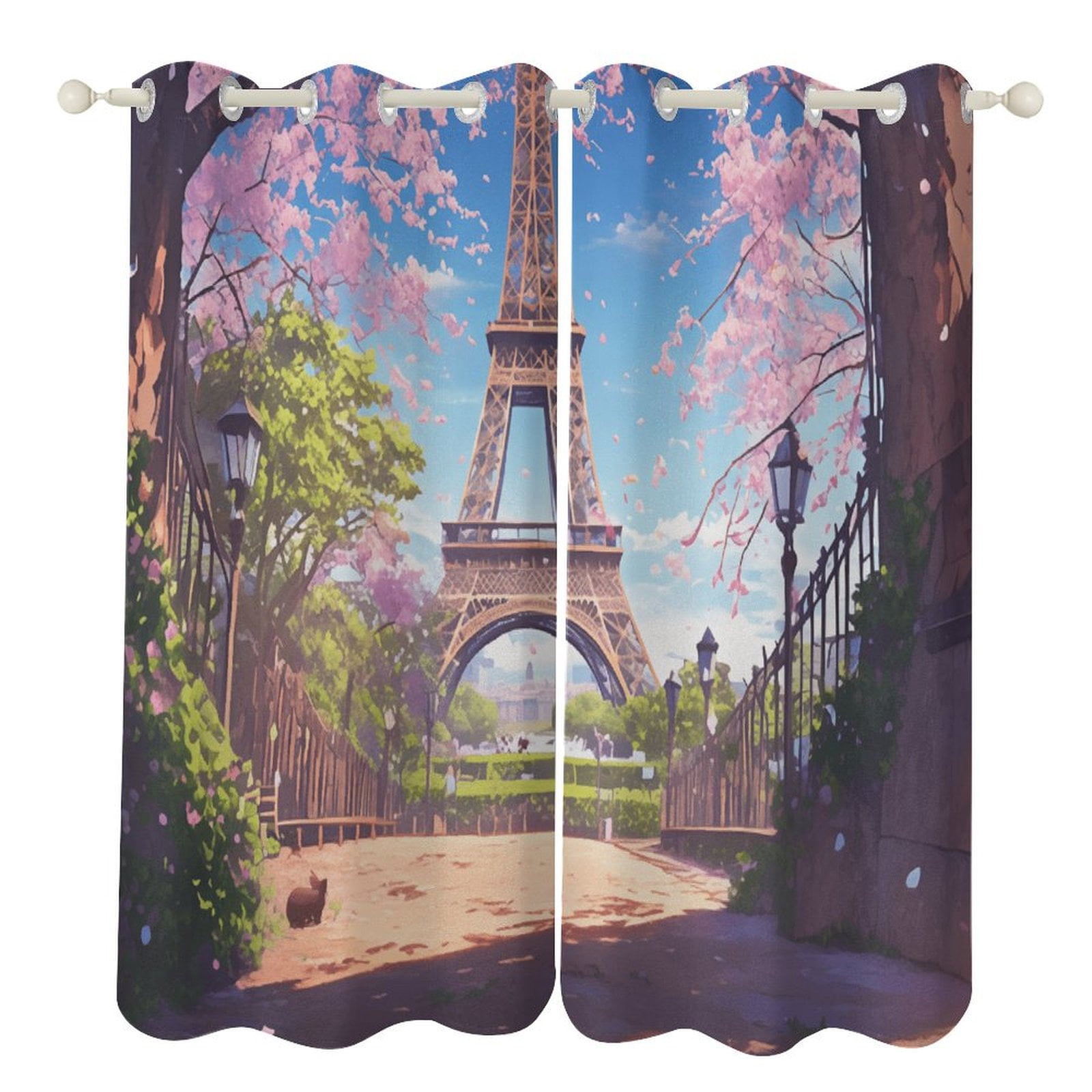 Blossoming Paris Eiffel Tower Curtains Watercolor Theme Window Curtains ...