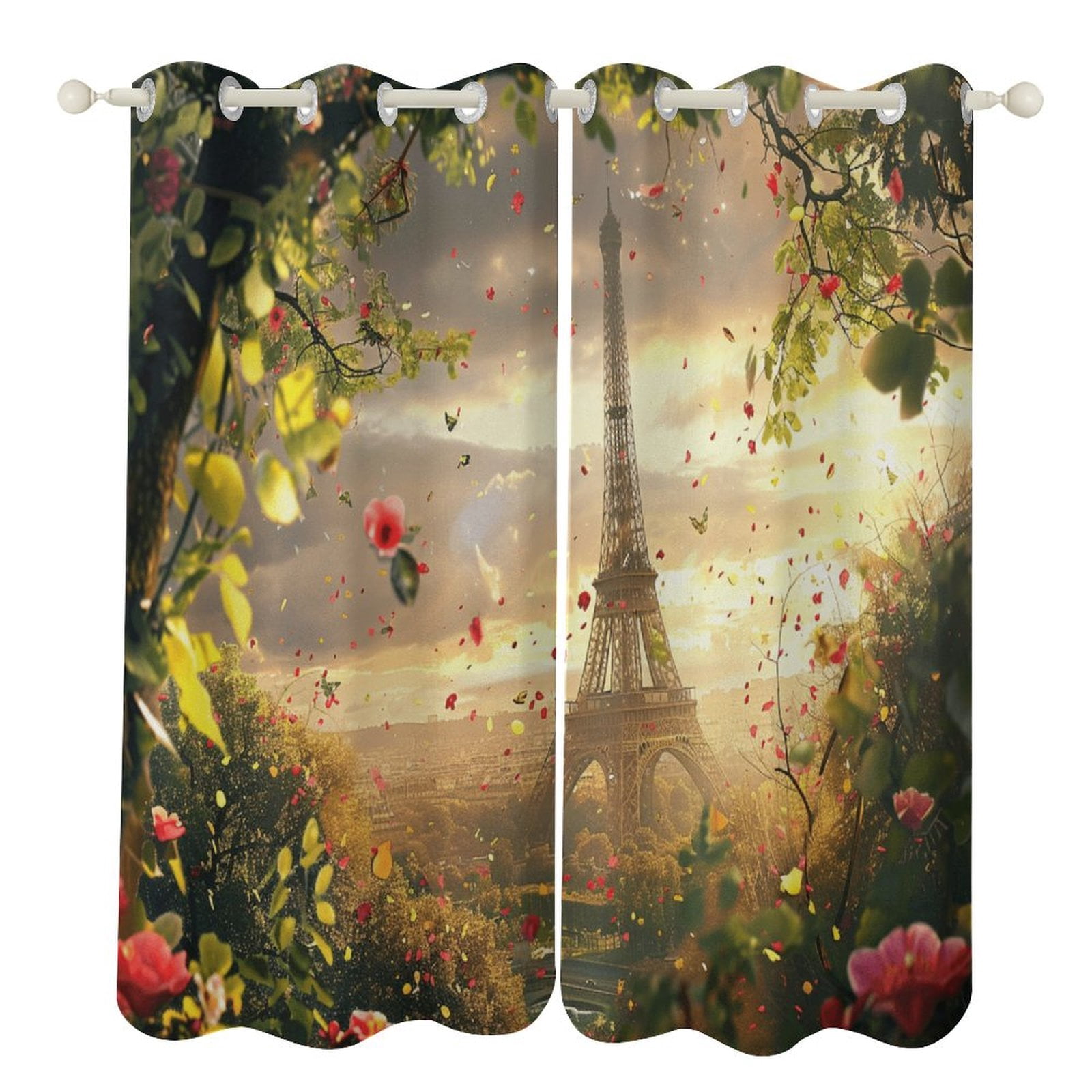 Blossoming Paris Eiffel Tower Curtains Watercolor Theme Window Curtains ...