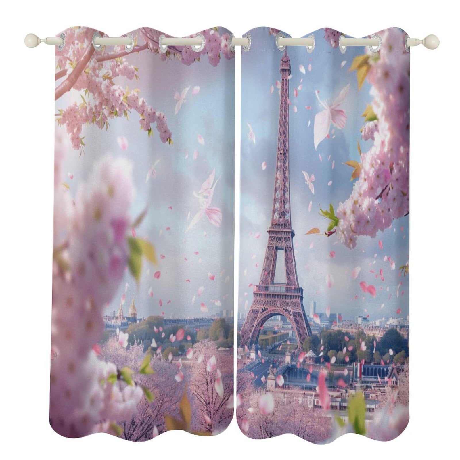 Blossoming Paris Eiffel Tower Curtains Watercolor Theme Window Curtains ...